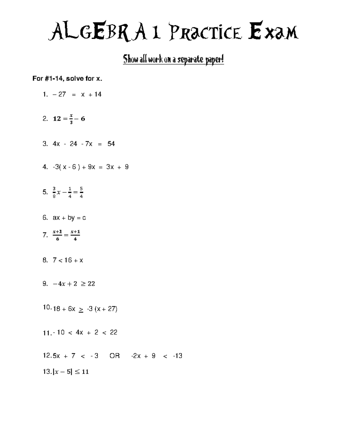 Algebra 1Semester 1Practice Exam-1 - ALGEBRA 1 Practice Exam ...