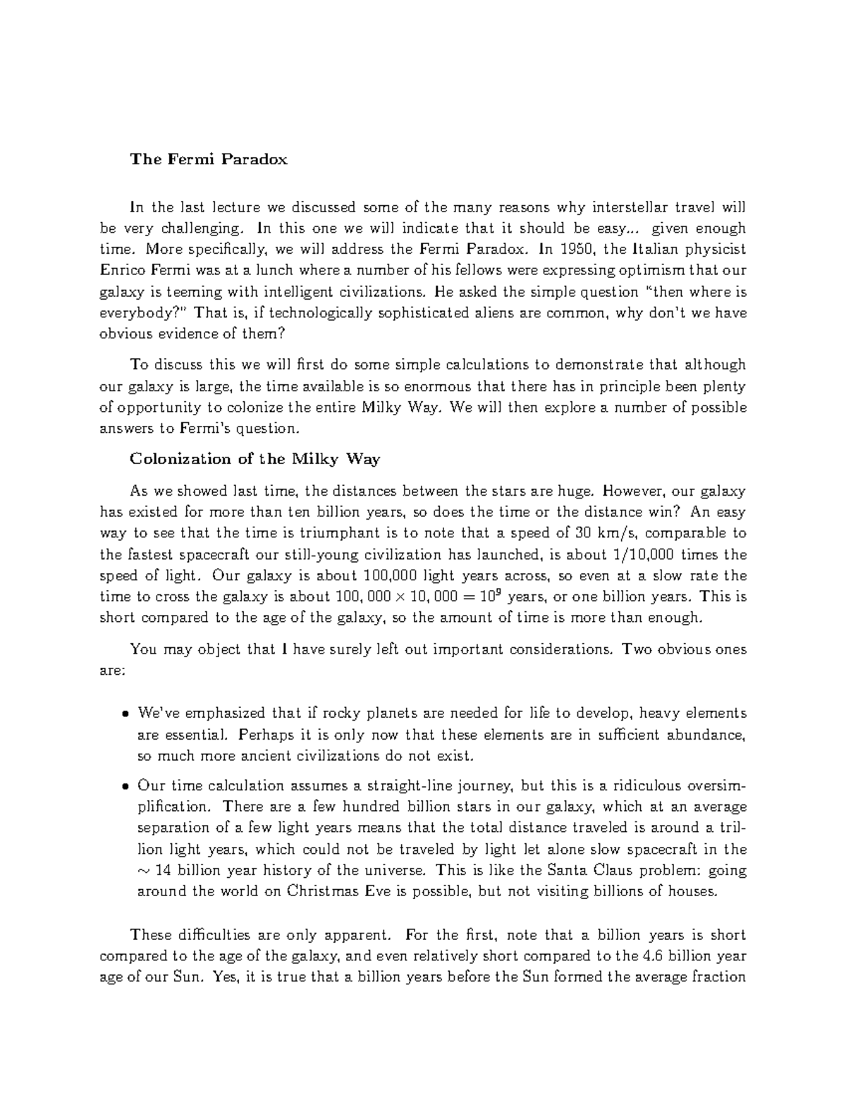 Lecture 25 summary of powerpoint astronomy - The Fermi Paradox In the last lecture we discussed ...