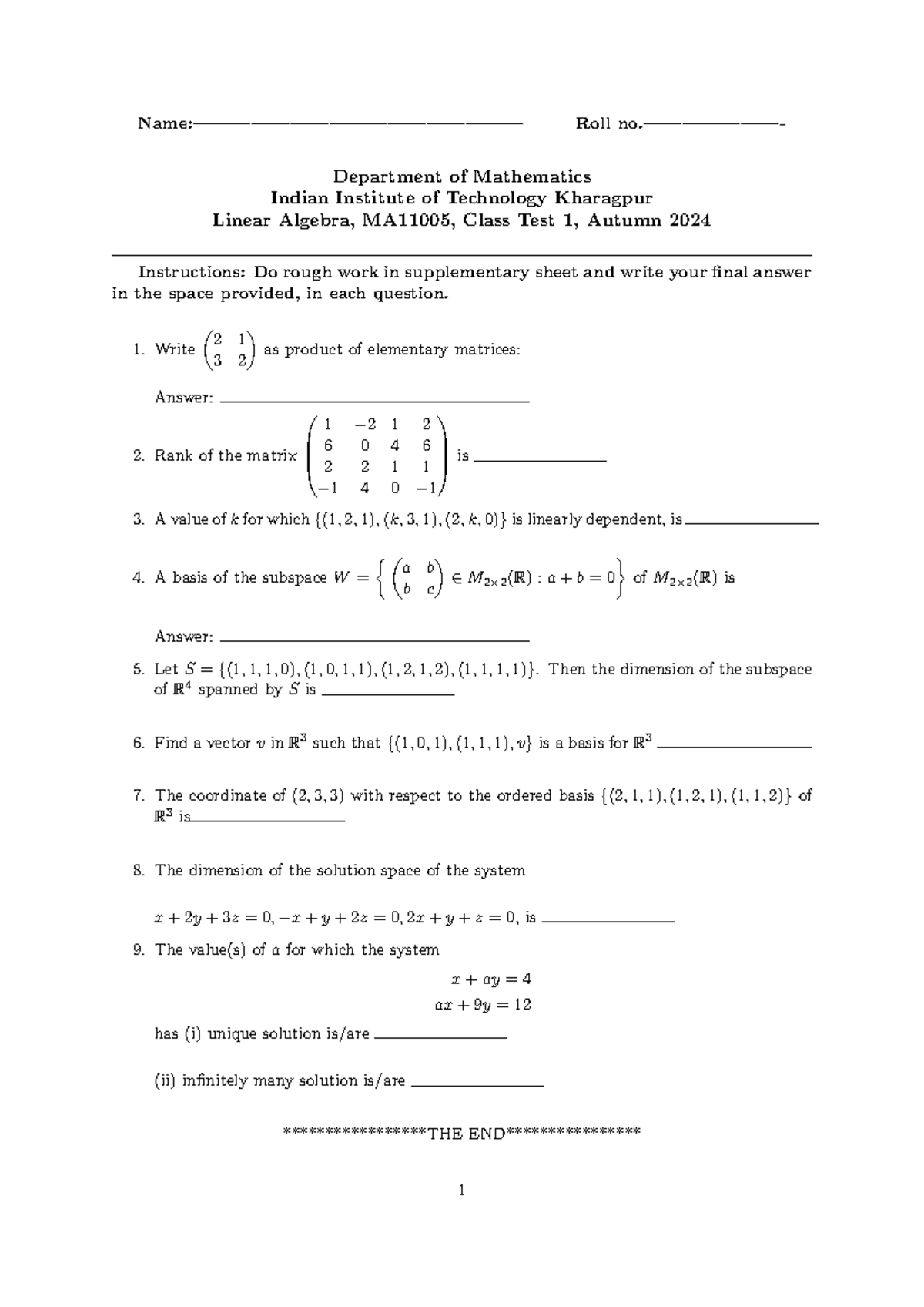 Classtest 1 - First Class test before mid-sem - Name ...