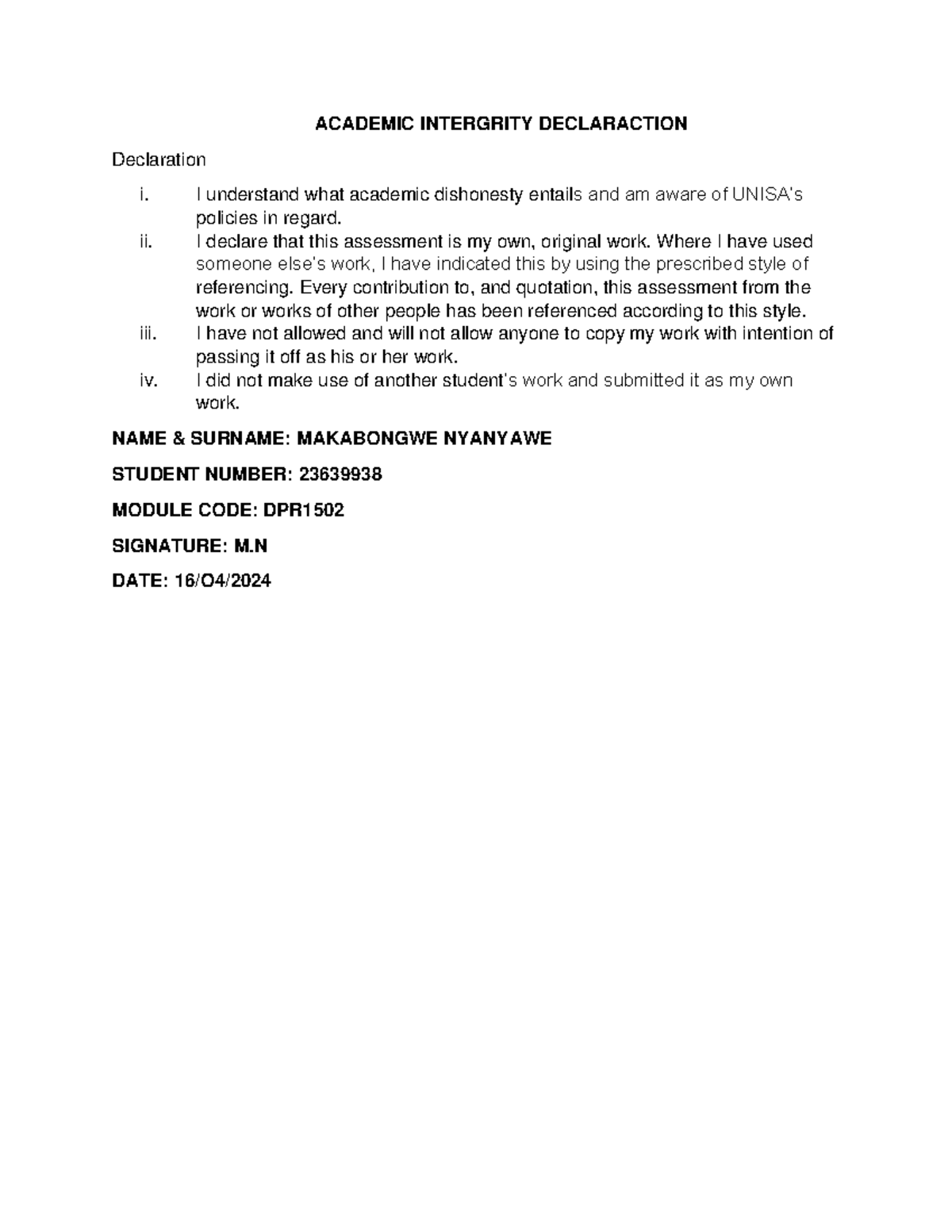 Assessment 2 DPR1502 - ACADEMIC INTERGRITY DECLARACTION Declaration i ...