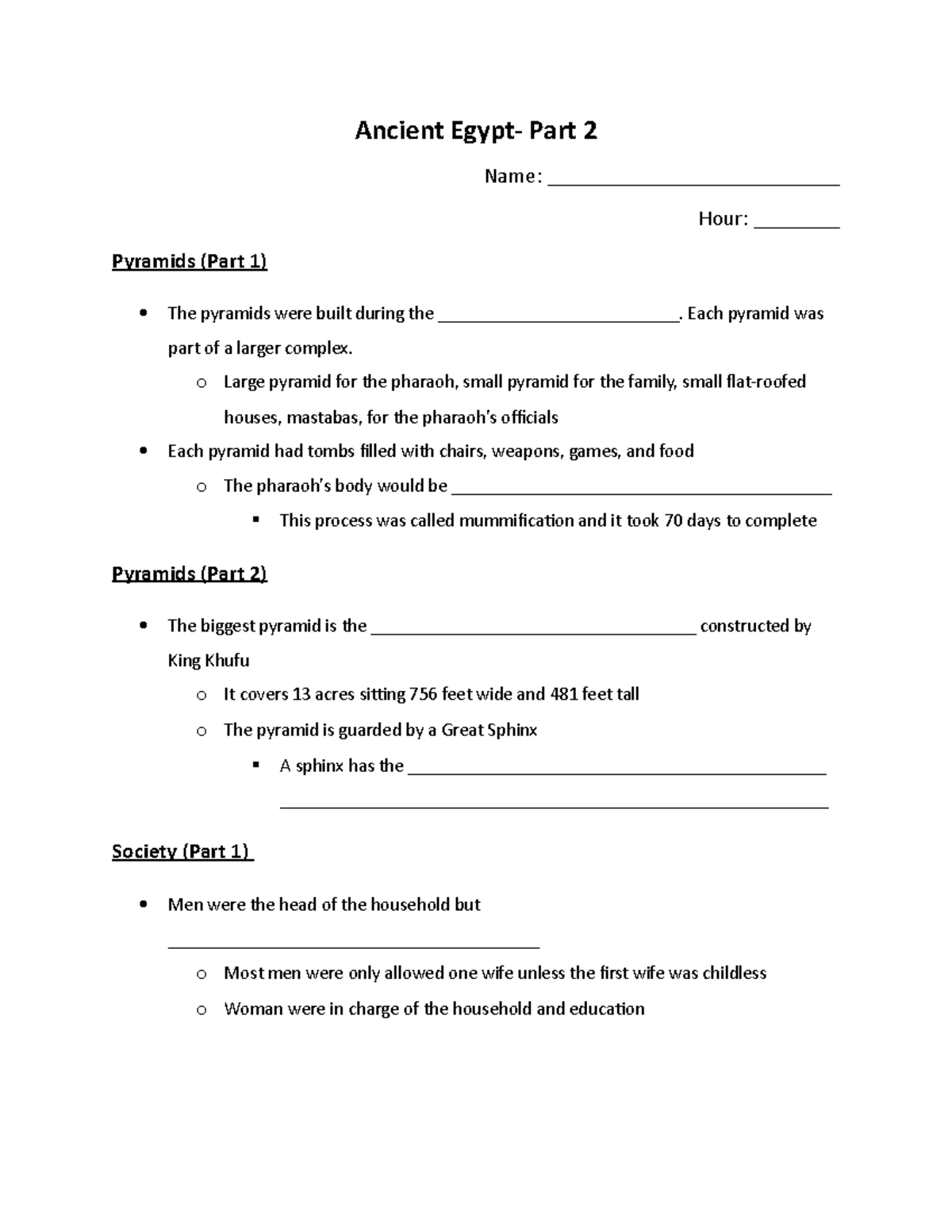 Ancient egypt notes 2 - Ancient Egypt- Part 2 Name ...