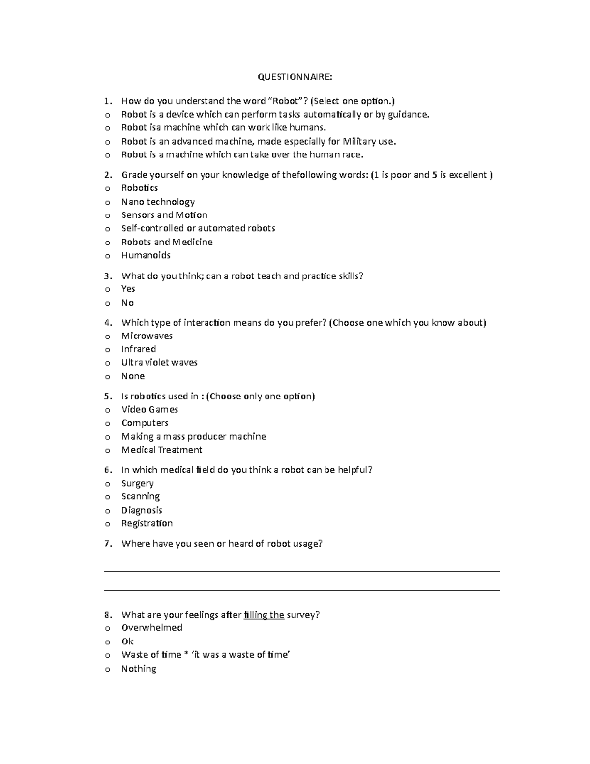 Correction for Questionaire - QUESTIONNAIRE: How do you understand the ...