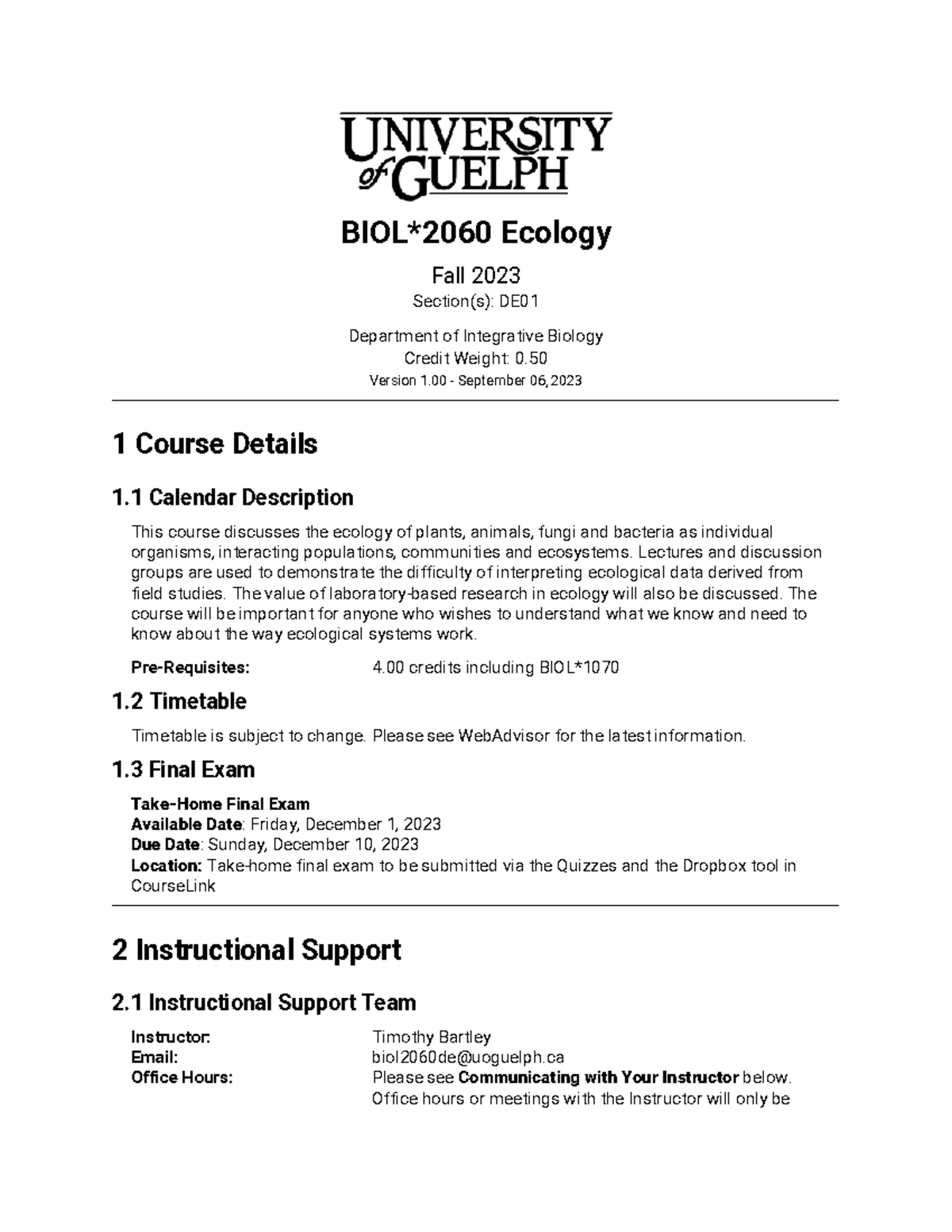 Course Outline - BIOL2060 DE - F23 - updated 9Sept2023 - BIOL*2060 ...