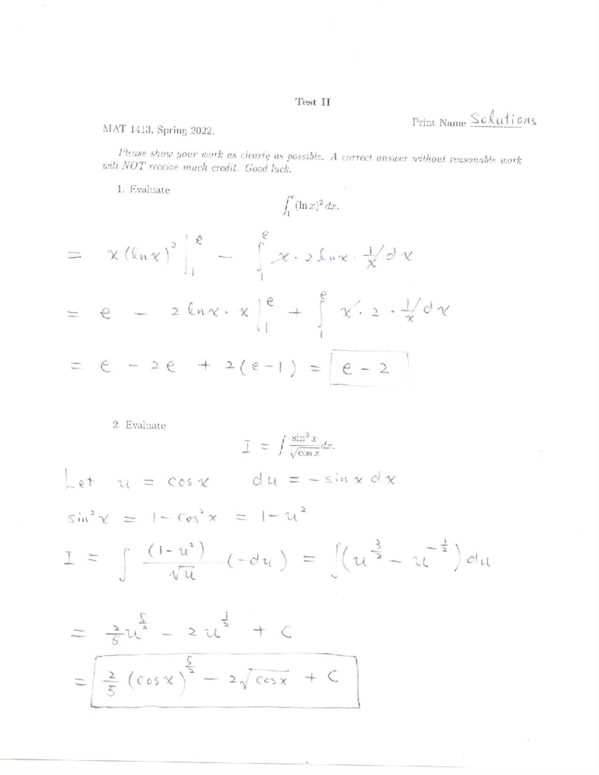 Calc II Practice Test (Second Half Calc II) - MAT 1413 - Studocu