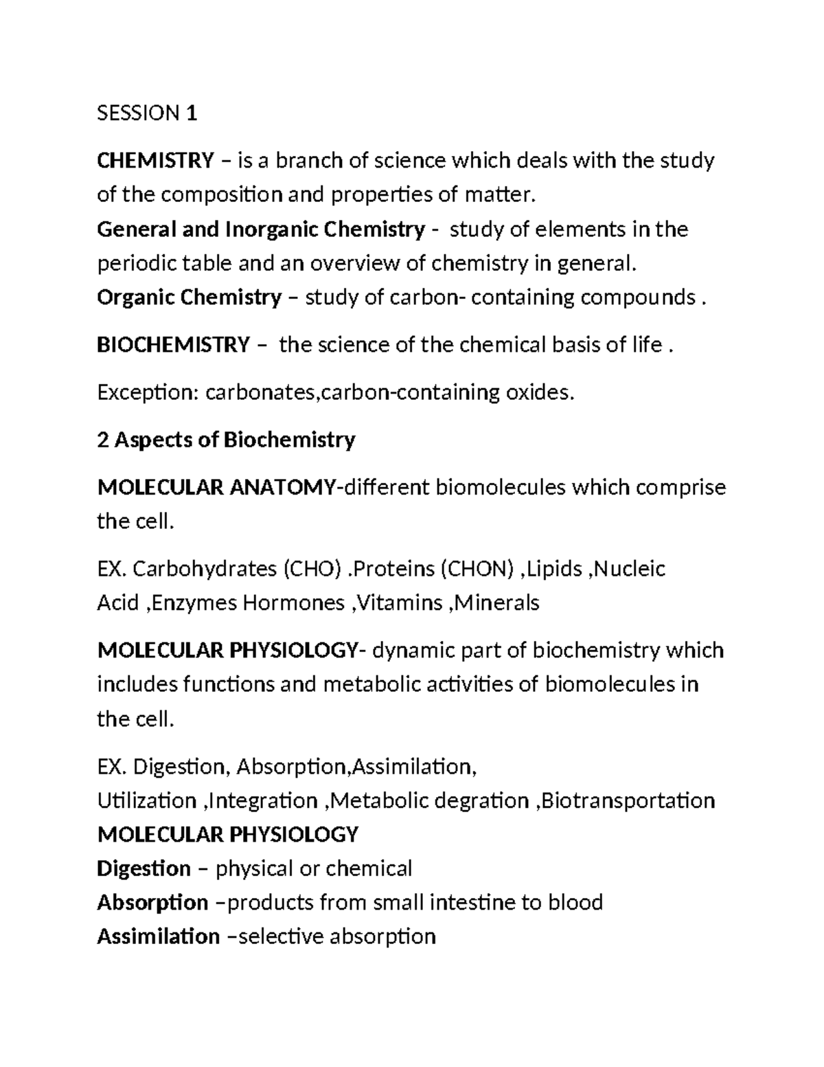 Biochem Session 1 8 - NOTES BIO 0024 - SESSION 1 CHEMISTRY – is a ...