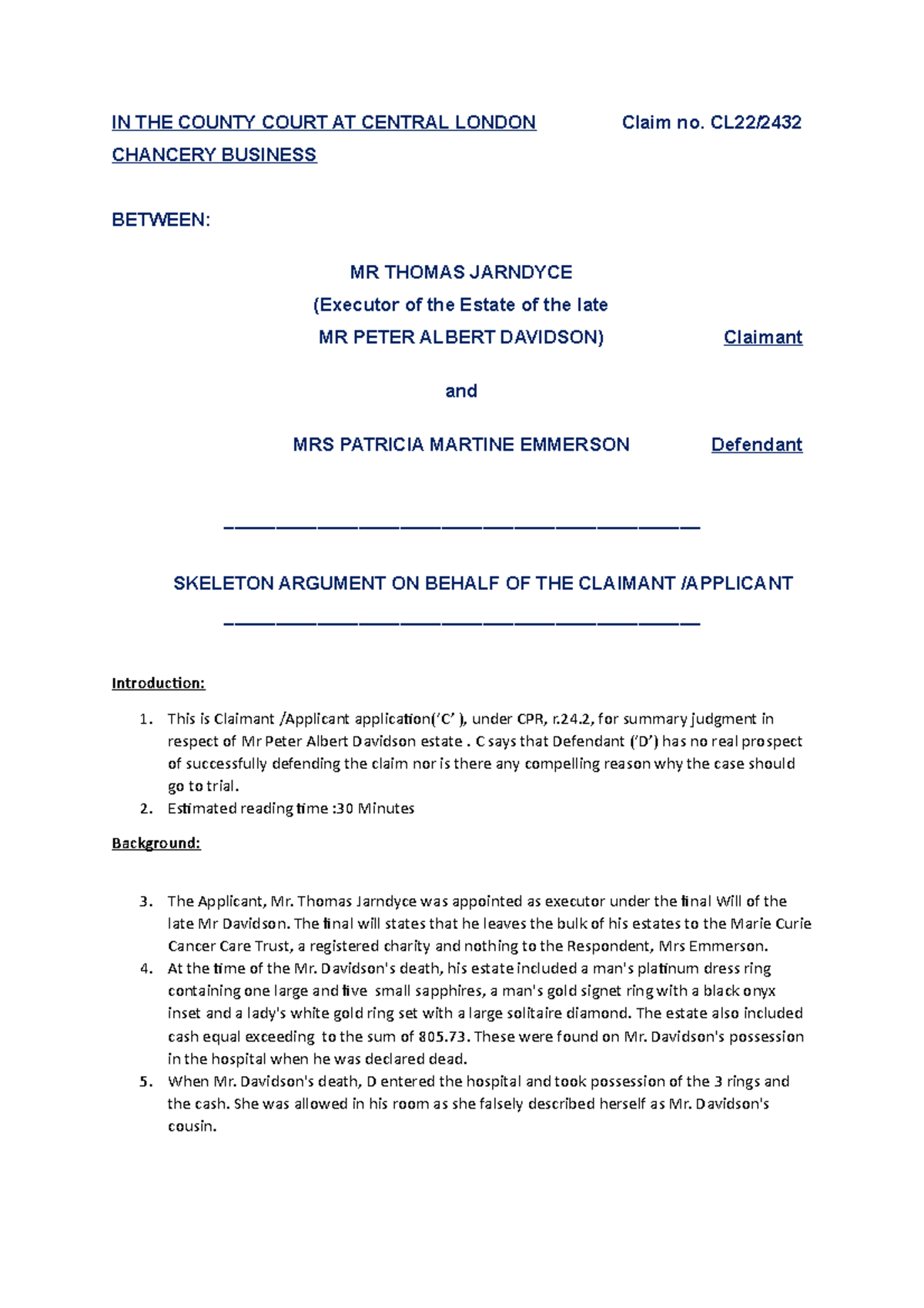Skeleton Argument Summary Judgmemt WILL IN THE COUNTY COURT AT