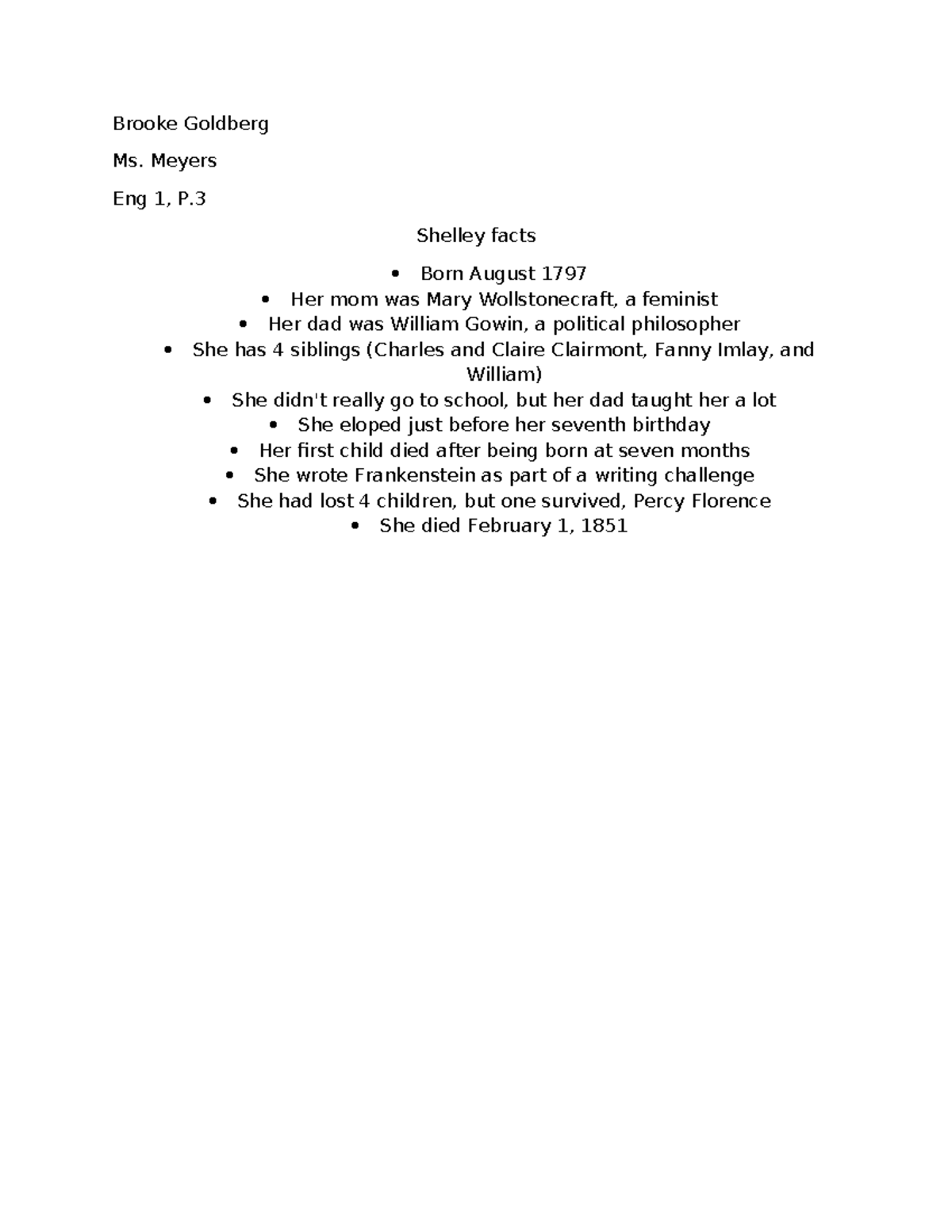 Mary Shelley - classwork \ - Brooke Goldberg Ms. Meyers Eng 1, P ...