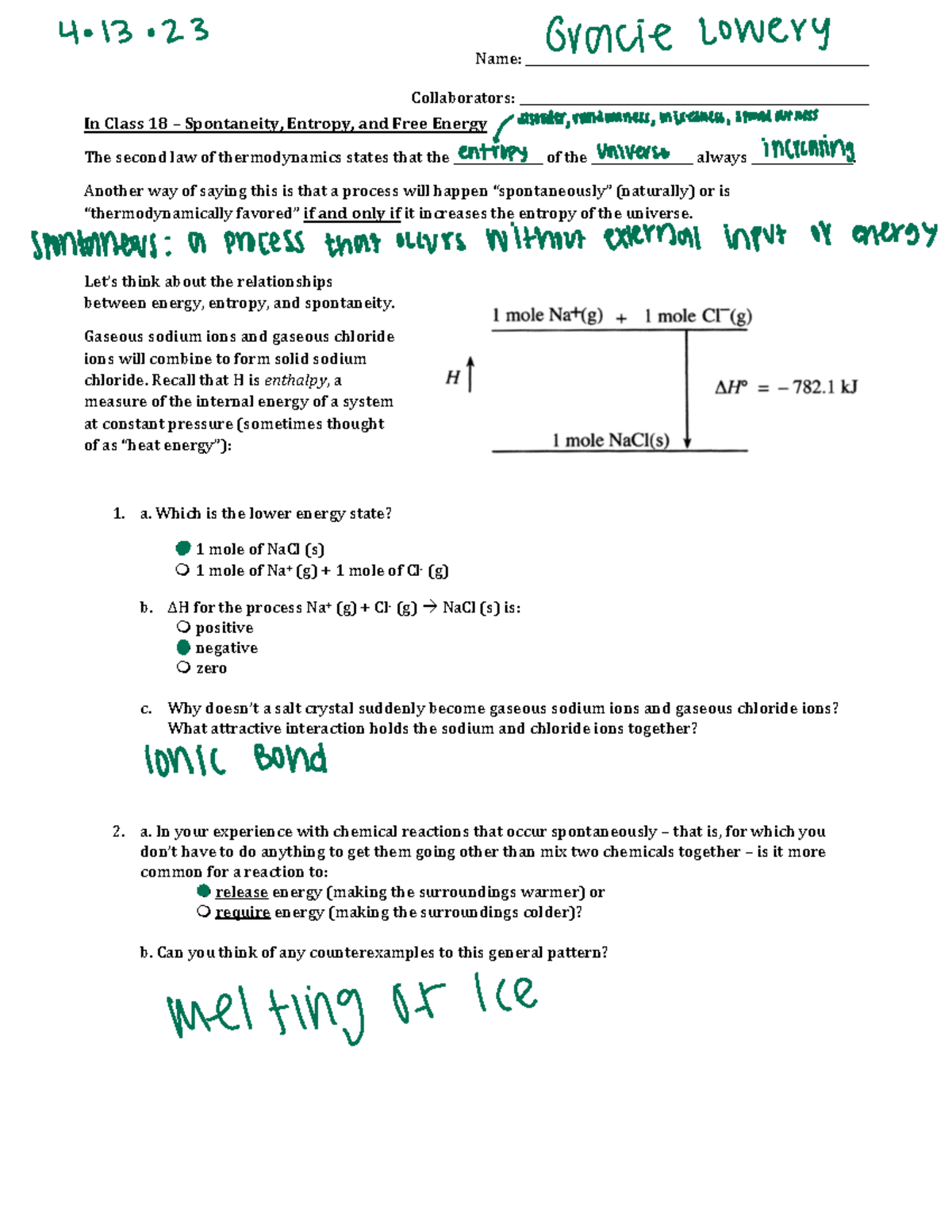 Spontaneity,Entropy, and Free Energy-1. - Name: - Studocu