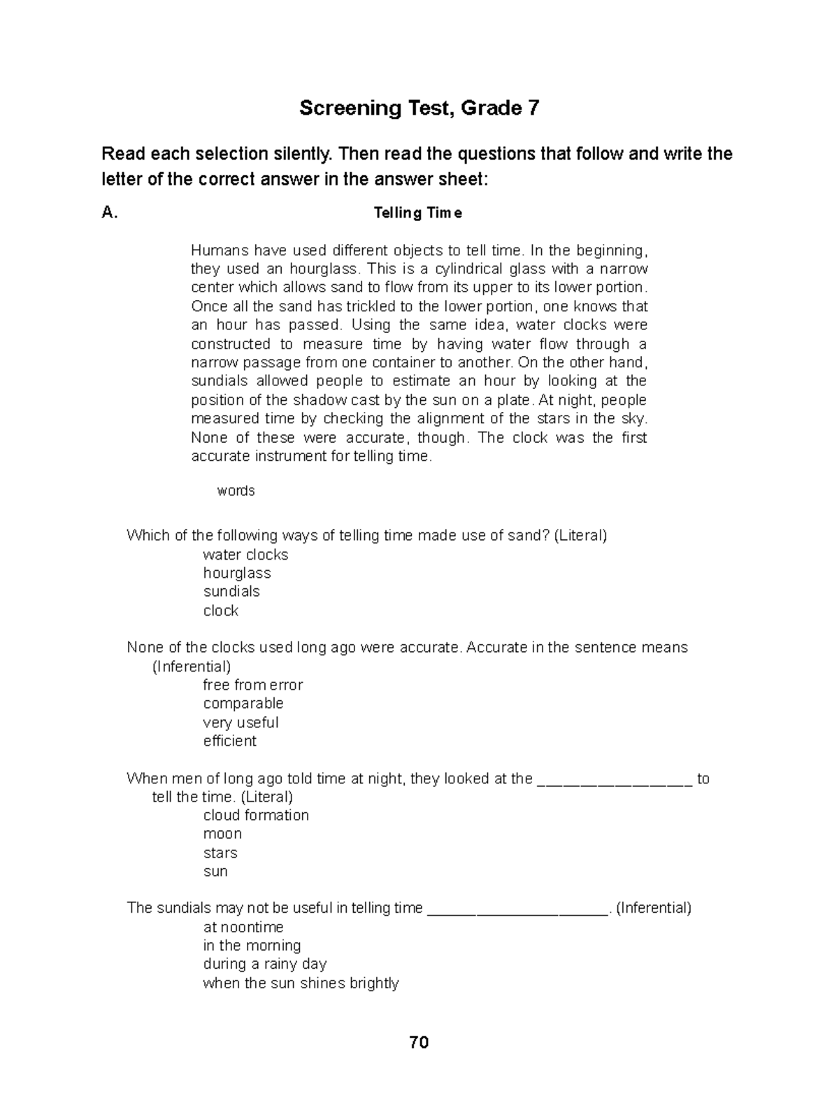CI Reading Passage GR - for reference purposes - Screening Test, Grade ...