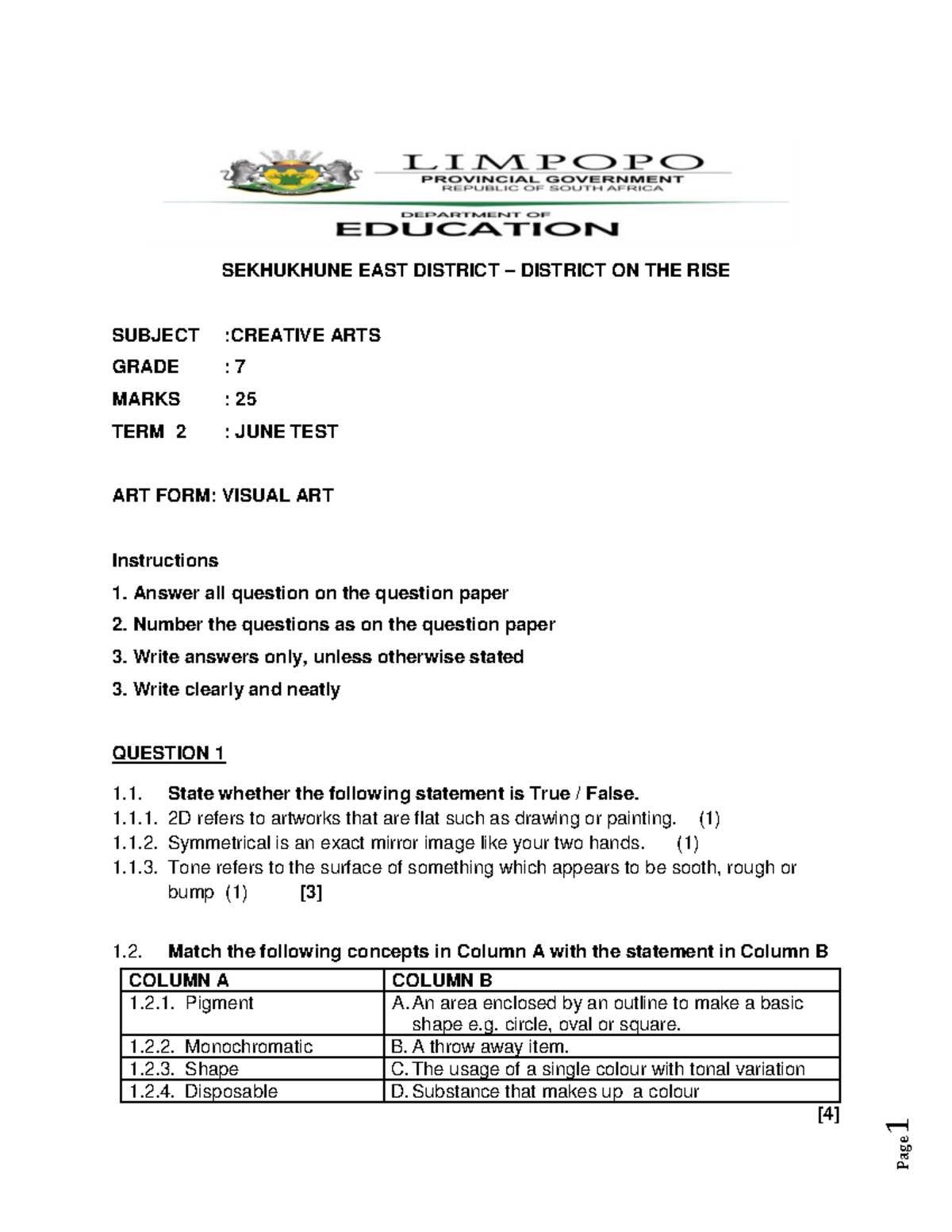 Creative ARTS Grade 7 JUNE TEST 2022 Visual ART (2) - Page 1 SEKHUKHUNE ...