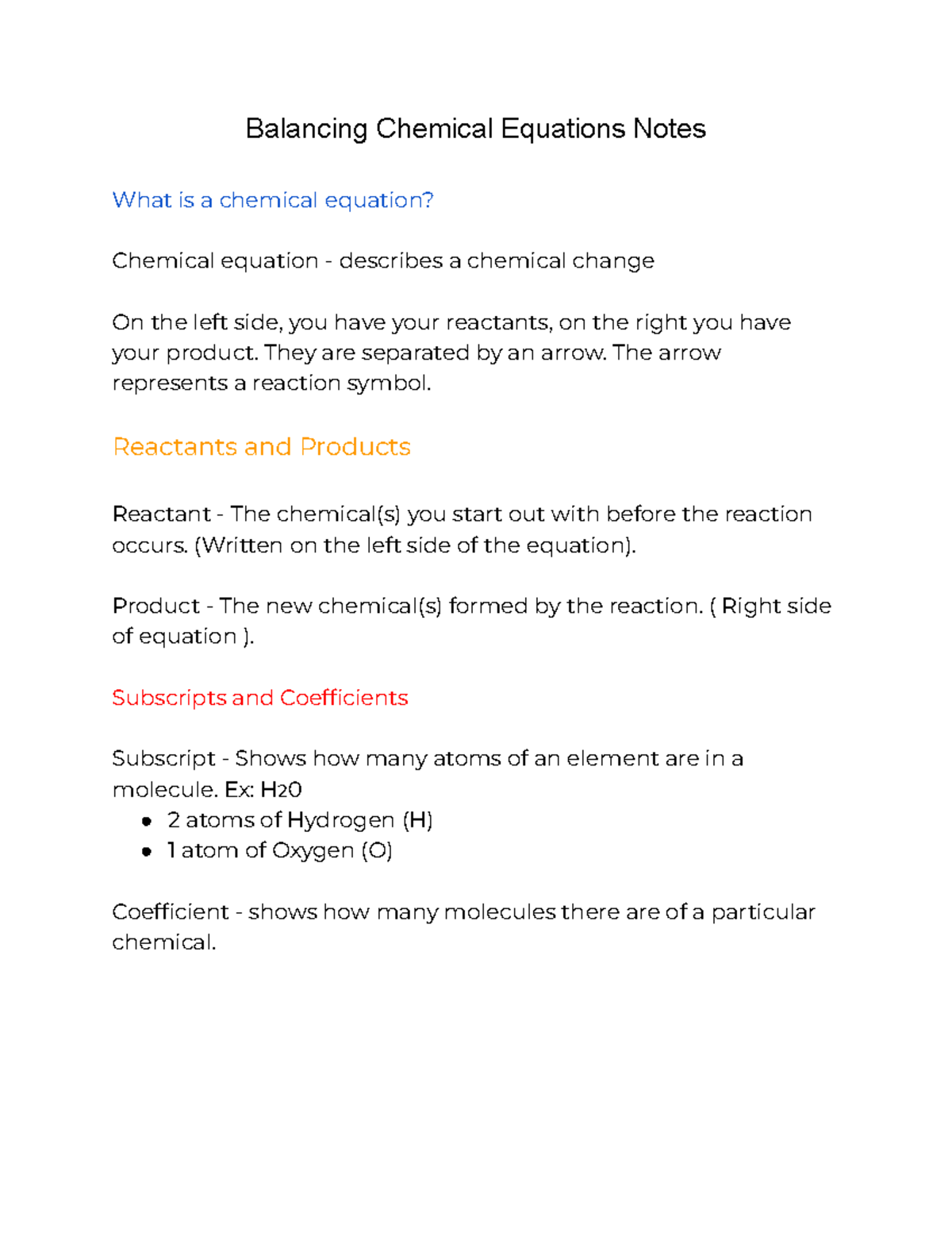 Balancing Chemical Equations Notes - They are separated by an arrow ...