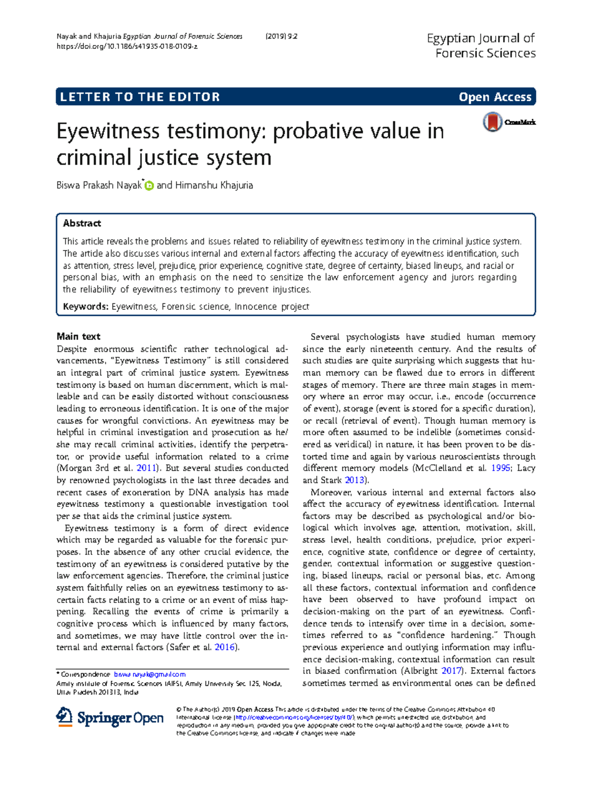 Eyewitness testimony probative value in criminal justice system - L E T ...