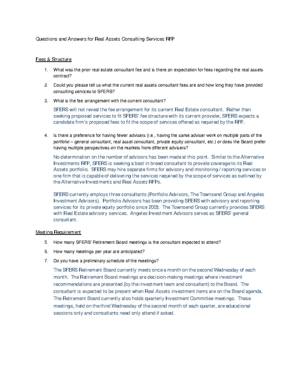Sfers Real Asset RFP QA - Questions and Answers for Real Assets ...