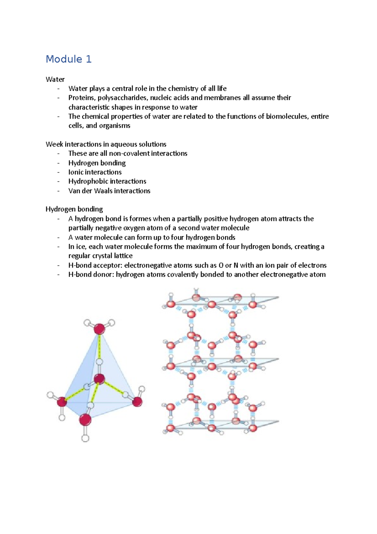 Biochem Module 1 - Module 1 Water - Water plays a central role in the ...