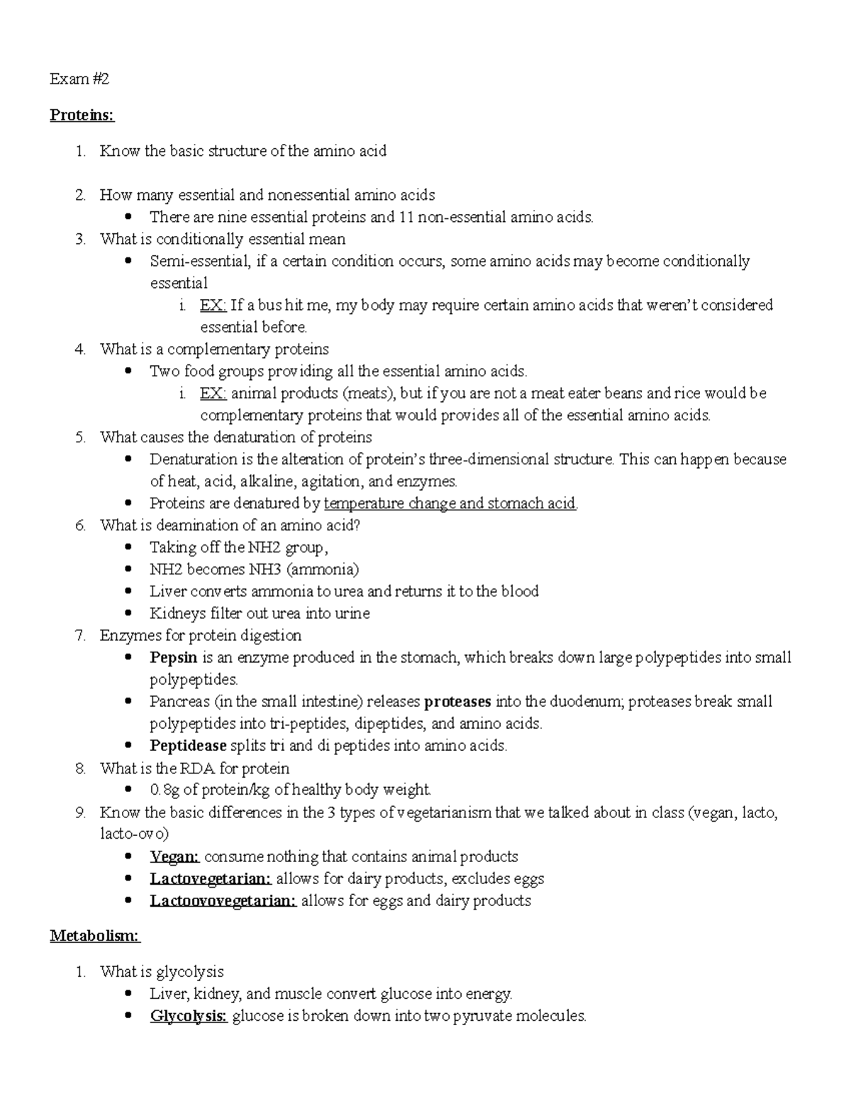 NTDT 200 Exam 2 study guide - Exam # Proteins: Know the basic structure of the amino acid How ...