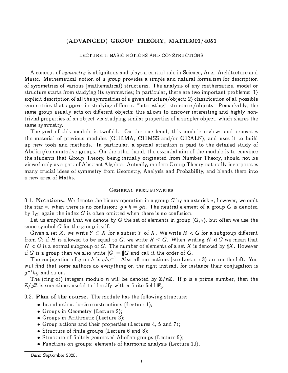 MSc level notes for the 1st week of advanced group theory - MATH4051 ...
