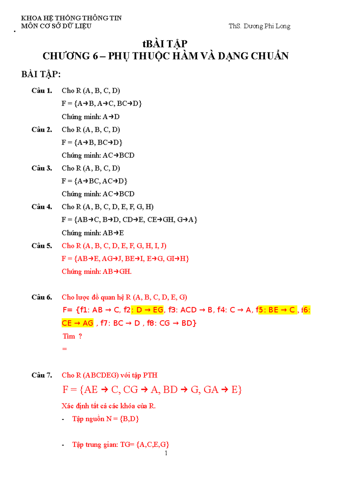 DPL Chuong 6 - Bai tap - ửewerrrrrrrrrrrrr - MÔN CƠ SỞ DỮ LIỆU ThS. Dương Phi Long tBÀI TẬP ...