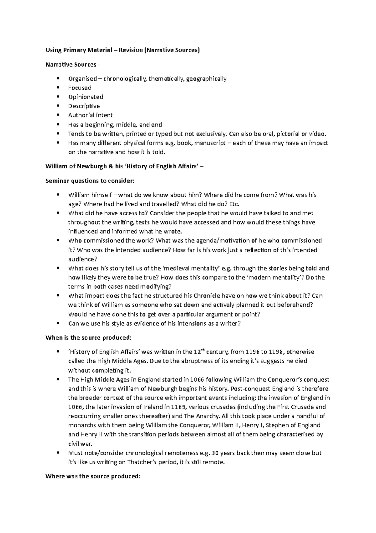 Revision Sheet - Narrative - Using Primary Material – Revision ...