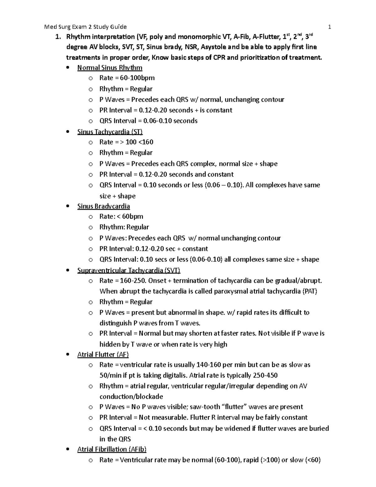 Extra SG Exam 2 - Study guide for 2 - Rhythm interpretation (VF, poly ...