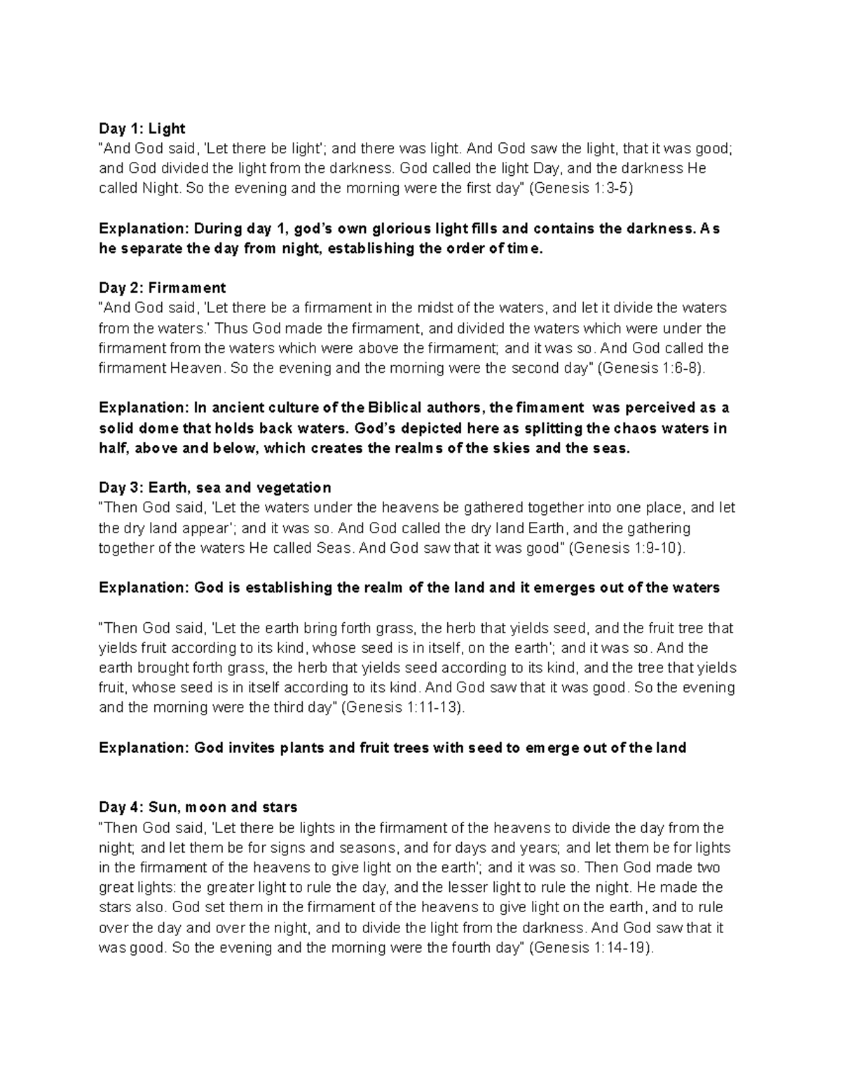 Creation - Day 1: Light “And God said, ‘Let there be light’; and there ...