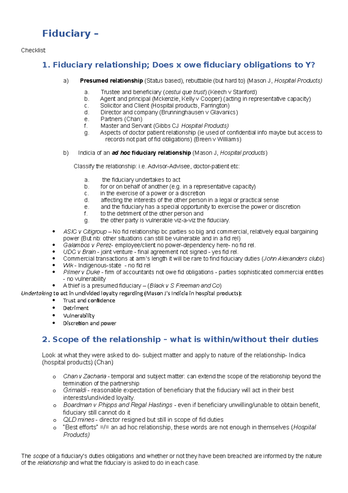 Equity final cheat sheet - Fiduciary – Checklist: 1. Fiduciary ...