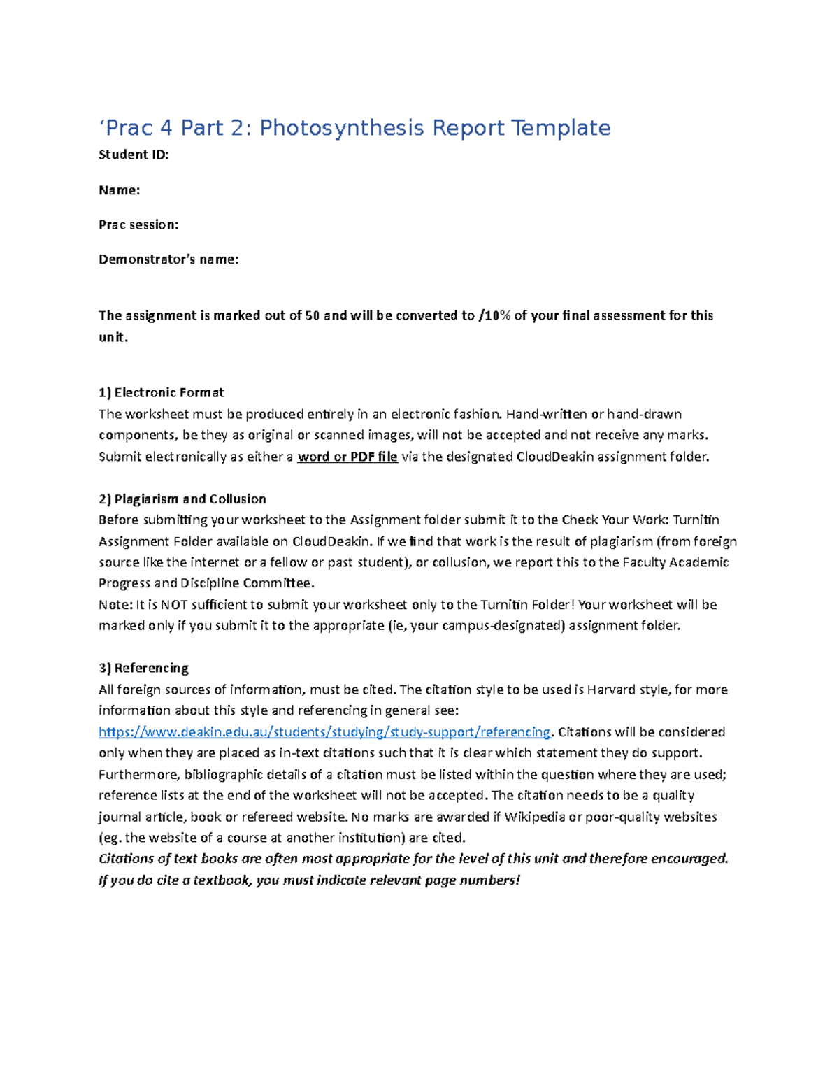 Prac report templete and demo answers - ‘Prac 4 Part 2: Photosynthesis ...
