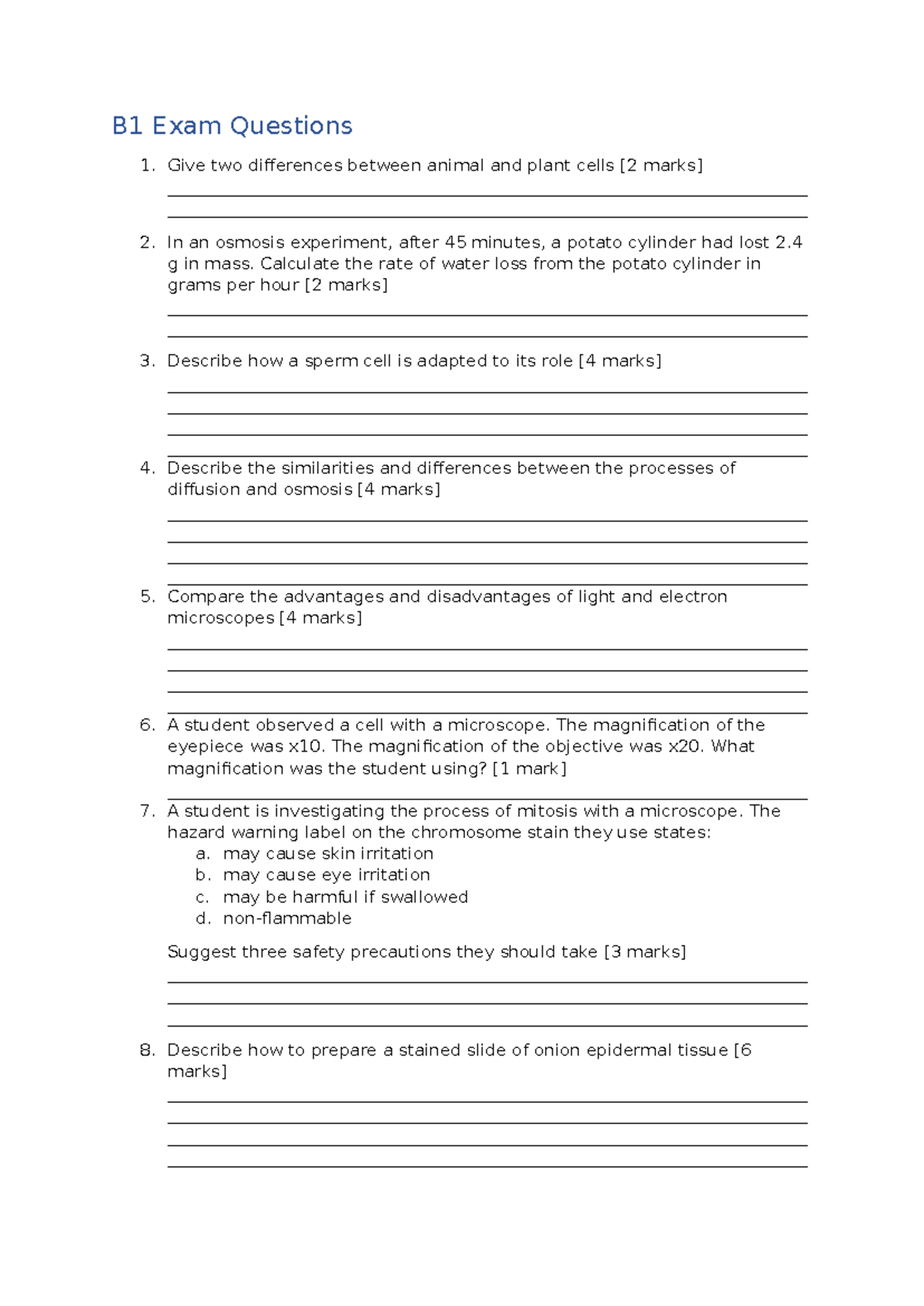 B1 Exam Questions - exam qs - B1 Exam Questions 1. Give two differences ...