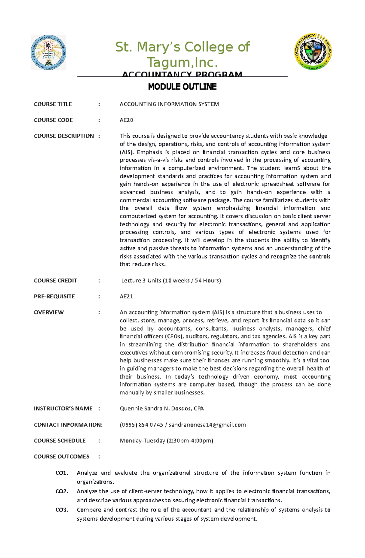 AE20-Module-Outline - COURSEWORK - MODULE OUTLINE COURSE TITLE ...