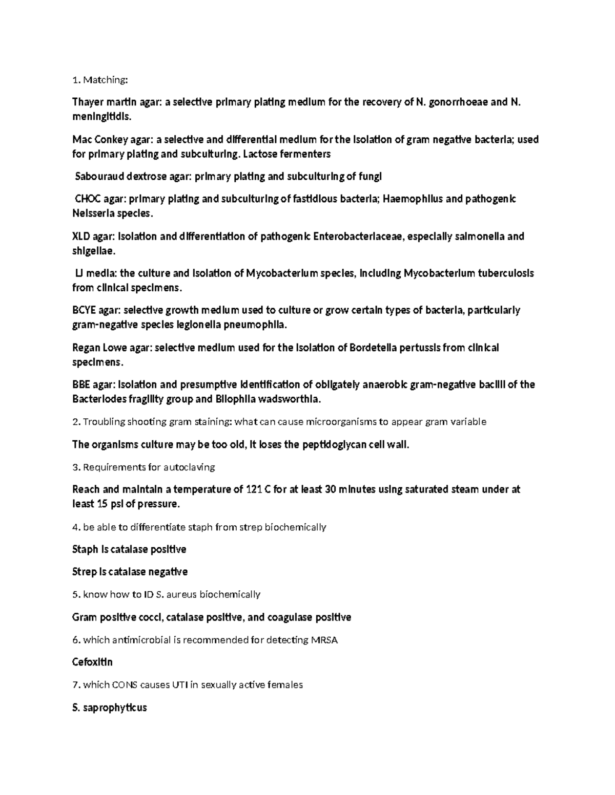 Final review copy micro - Matching: Thayer martin agar: a selective ...