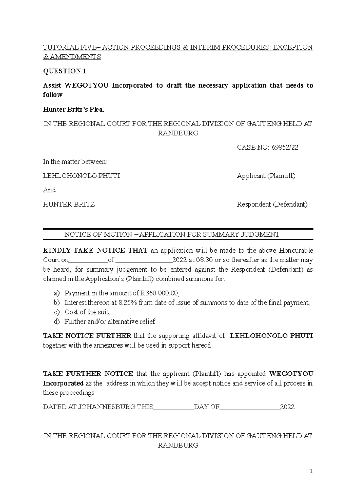 1055398.Wendy.Ngwenya - TUTORIAL FIVE– ACTION PROCEEDINGS & INTERIM ...