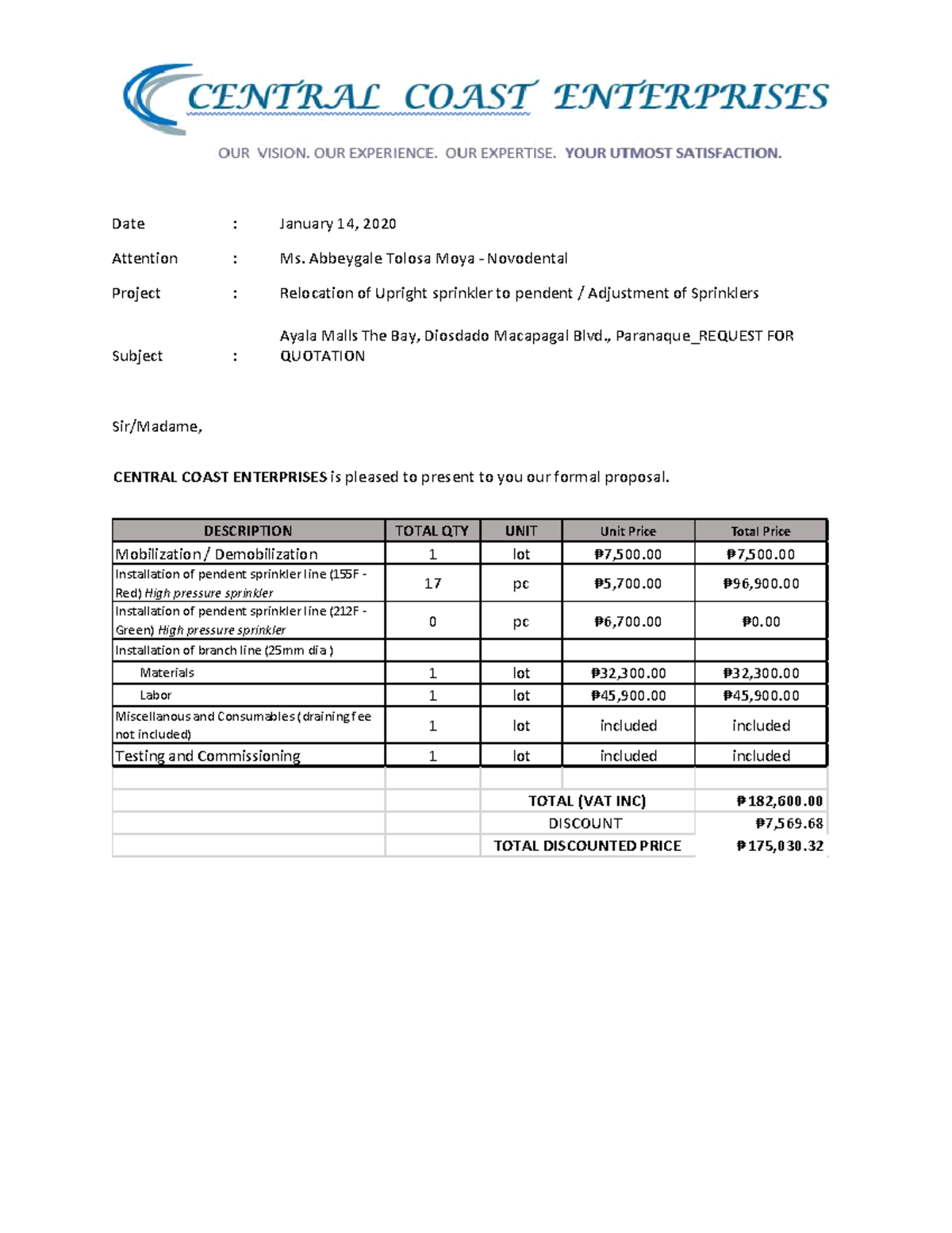 CC Cost Proposal - DESCRIPTION TOTAL QTY UNIT Unit Price Total Price Mobilization ...
