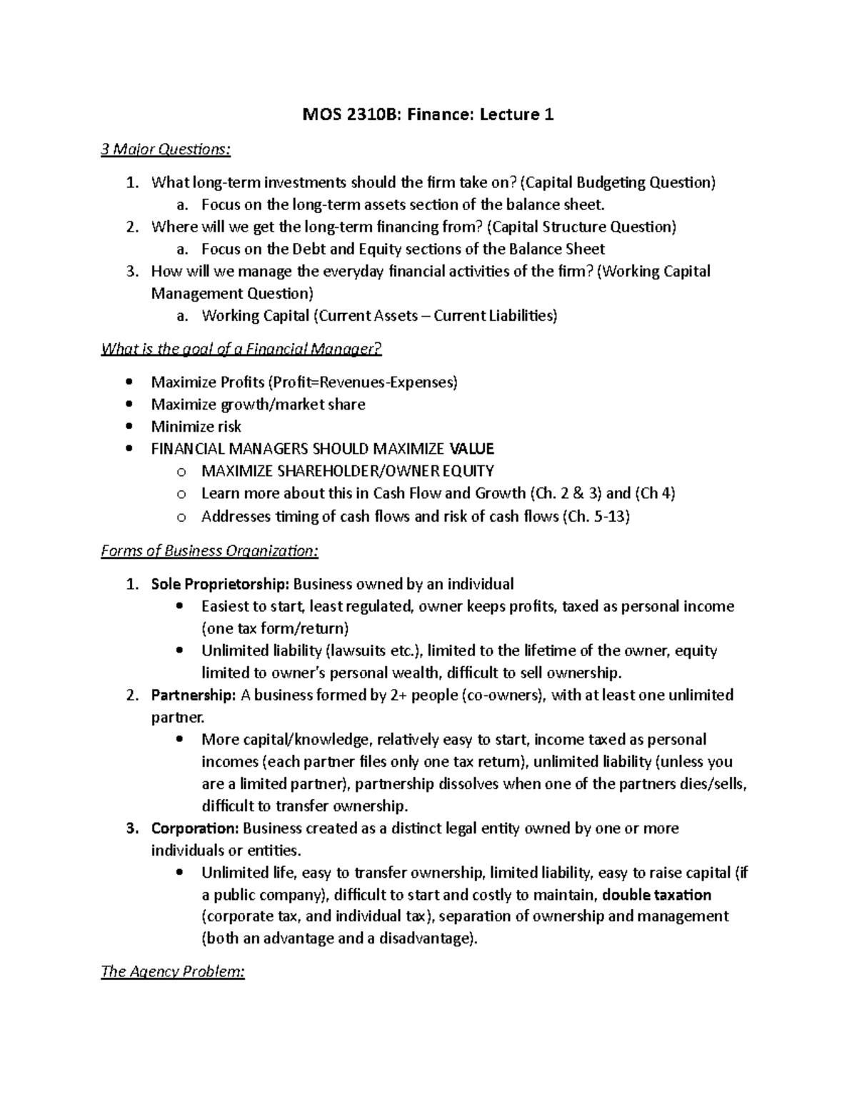MOS 2310 B - Lecture 1 - MOS 2310B: Finance: Lecture 1 3 Major ...
