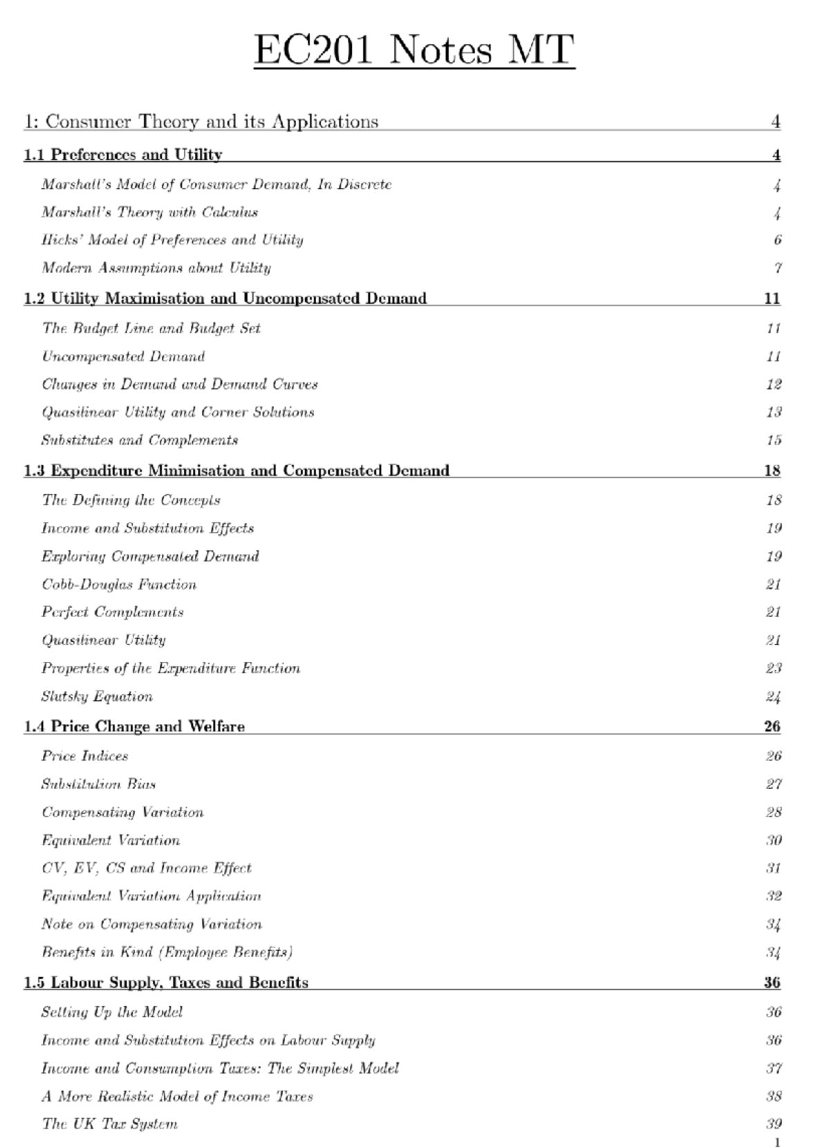 EC201 quick summary - EC201 Notes MT 1: Consumer Theor and its A ...