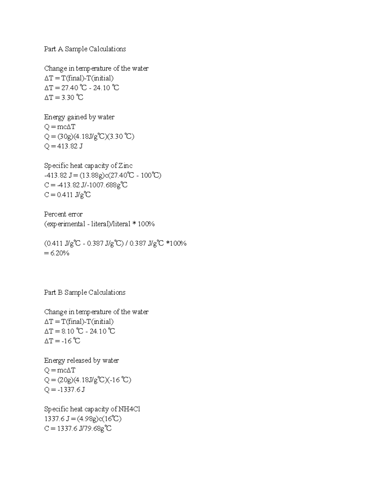 Sample Calculations for Experiment 2, Parts A,B,C - Part A Sample ...