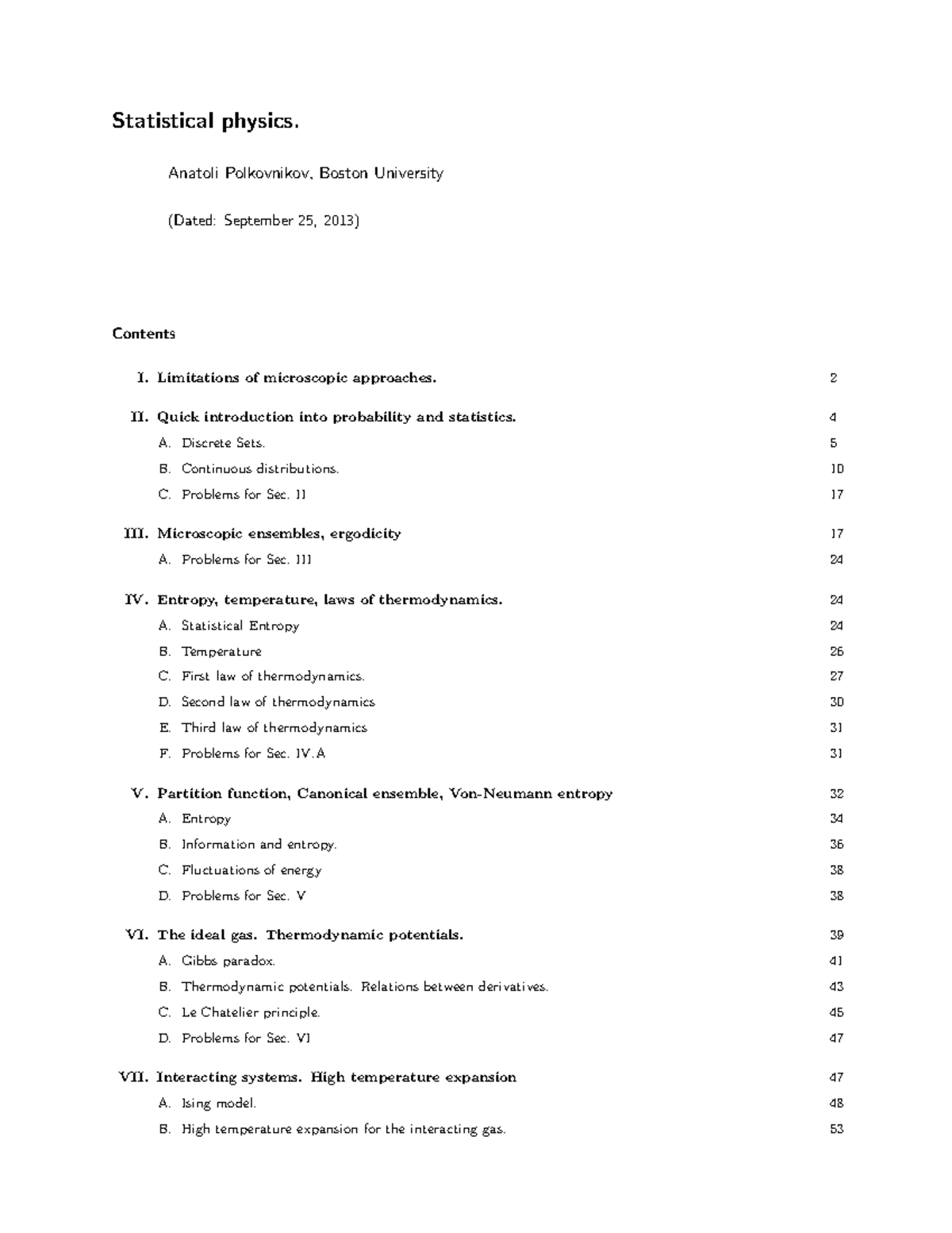 Lecture notes, lecture All - Statistical physics. Anatoli Polkovnikov ...