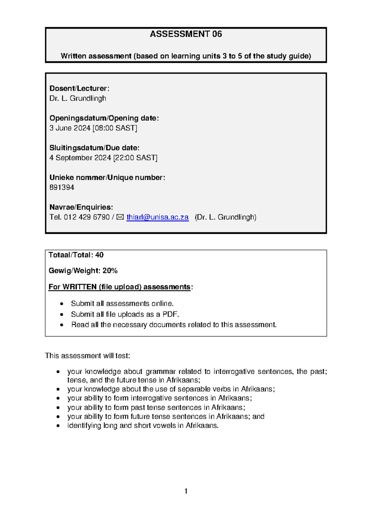 AFK1505 Assessment 06 2024 - osente: Dosent/Lecturer: Dr. L. Grundlingh ...