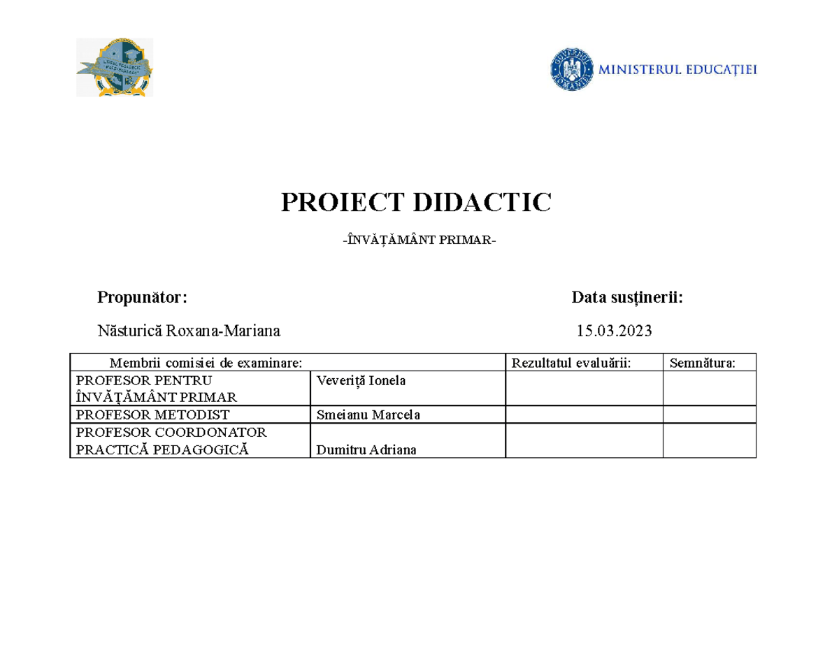 AVAP 2A - despu - PROIECT DIDACTIC -ÎNVĂȚĂMÂNT PRIMAR- Propunător: Data ...
