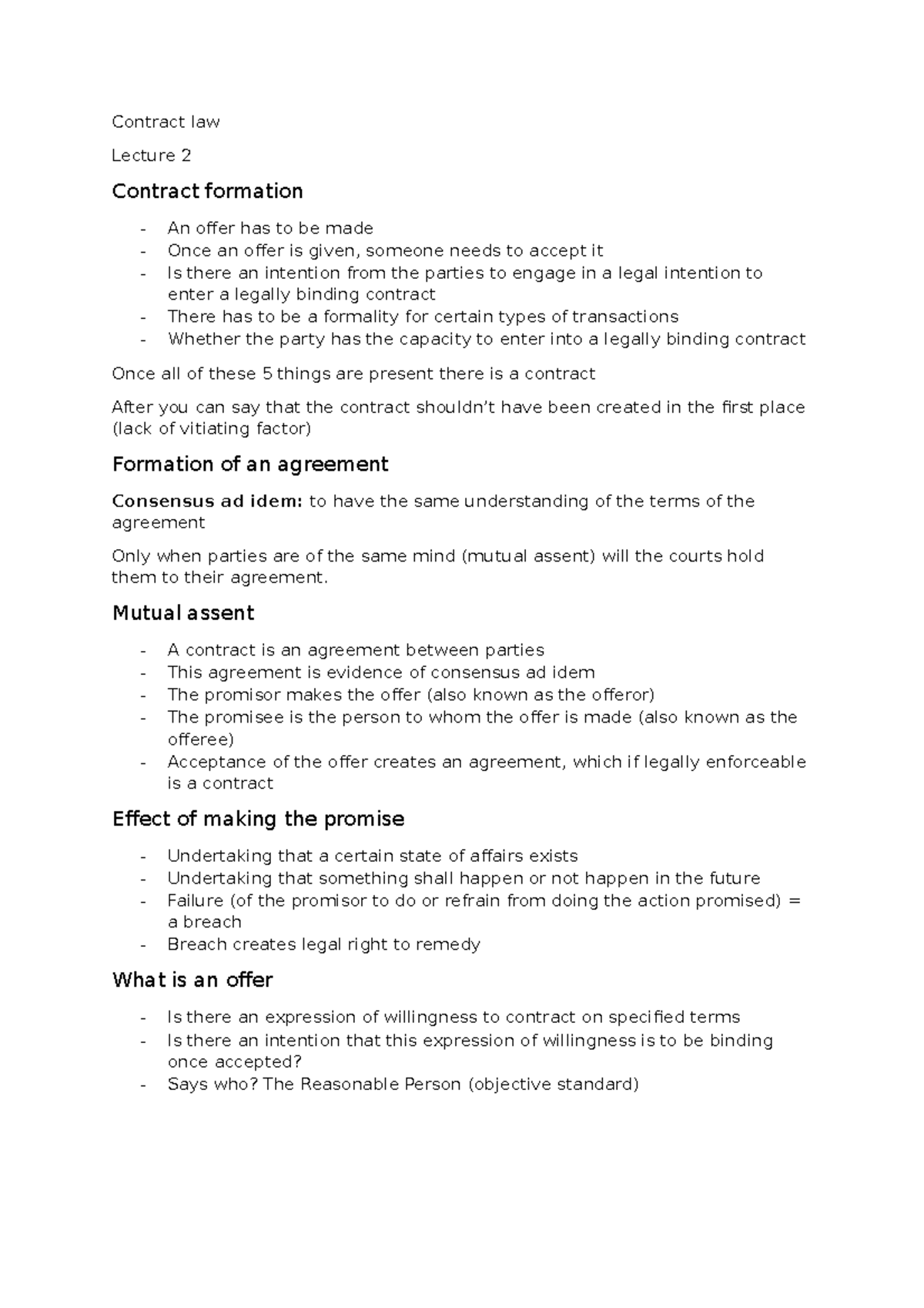 Contract LAW Lecture 2 - Contract law Lecture 2 Contract formation An offer has to be made Once ...