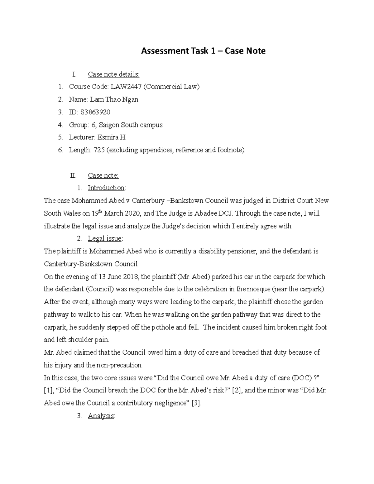 Assessment Task 1 Comlaw - Assessment Task 1 – Case Note I. Case note ...