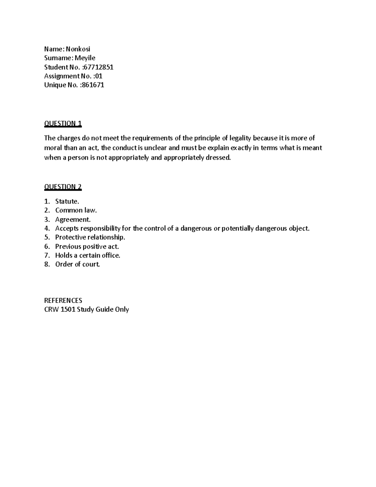 CRW 1501 Assignment 1 - assighnment - Name: Nonkosi Surname: Meyile ...