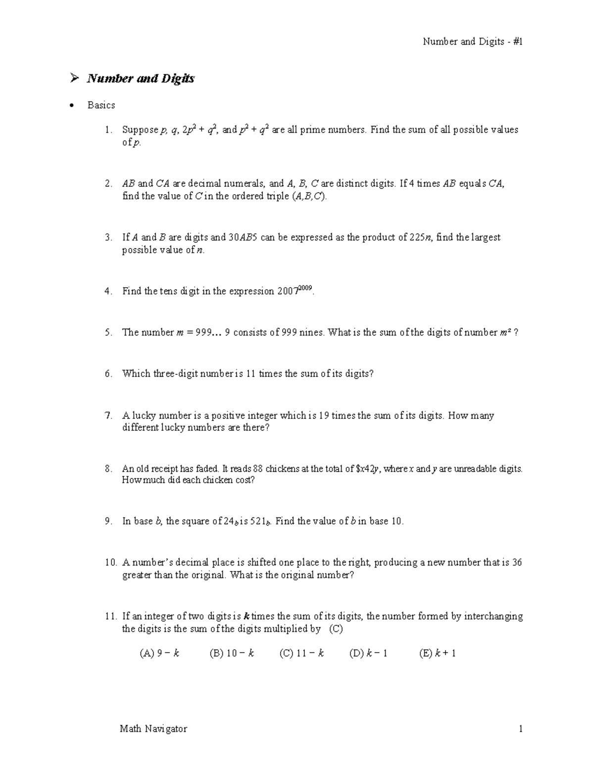 AMC10 Practice Number Basics 1 - Number and Digits - # Math Navigator 1 ...