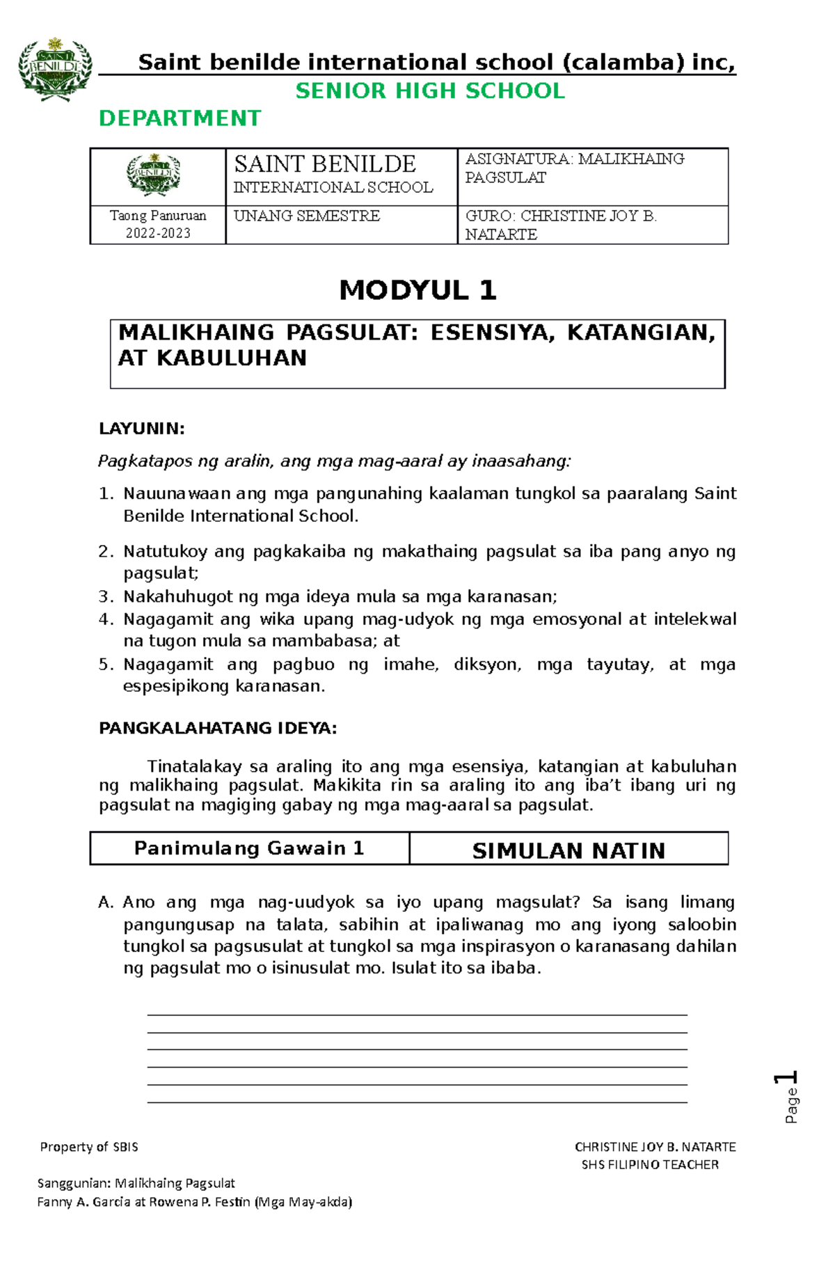 Malikhaing- Pagsulat- Module - SENIOR HIGH SCHOOL DEPARTMENT SAINT ...