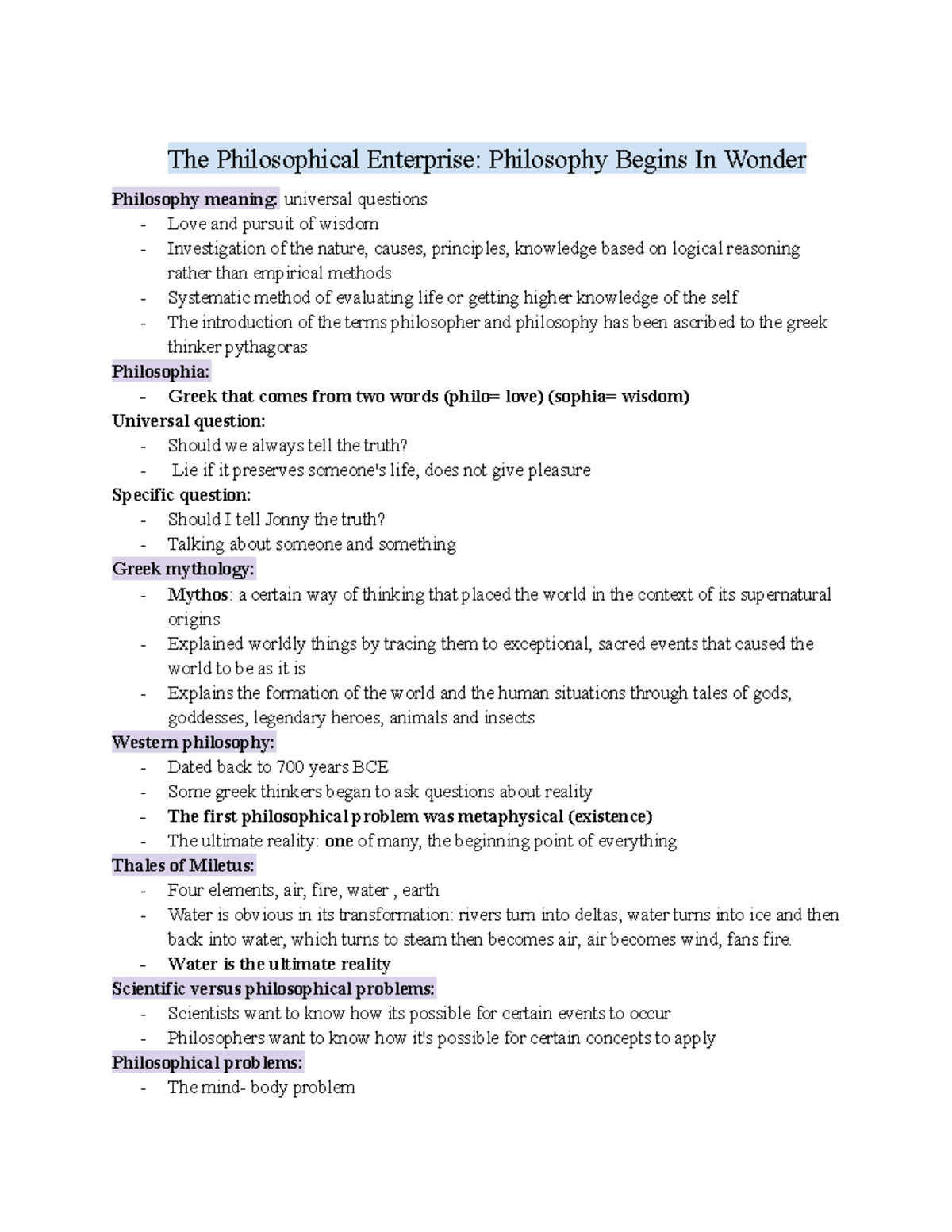 PAR 101 Notes - The Philosophical Enterprise: Philosophy Begins In ...