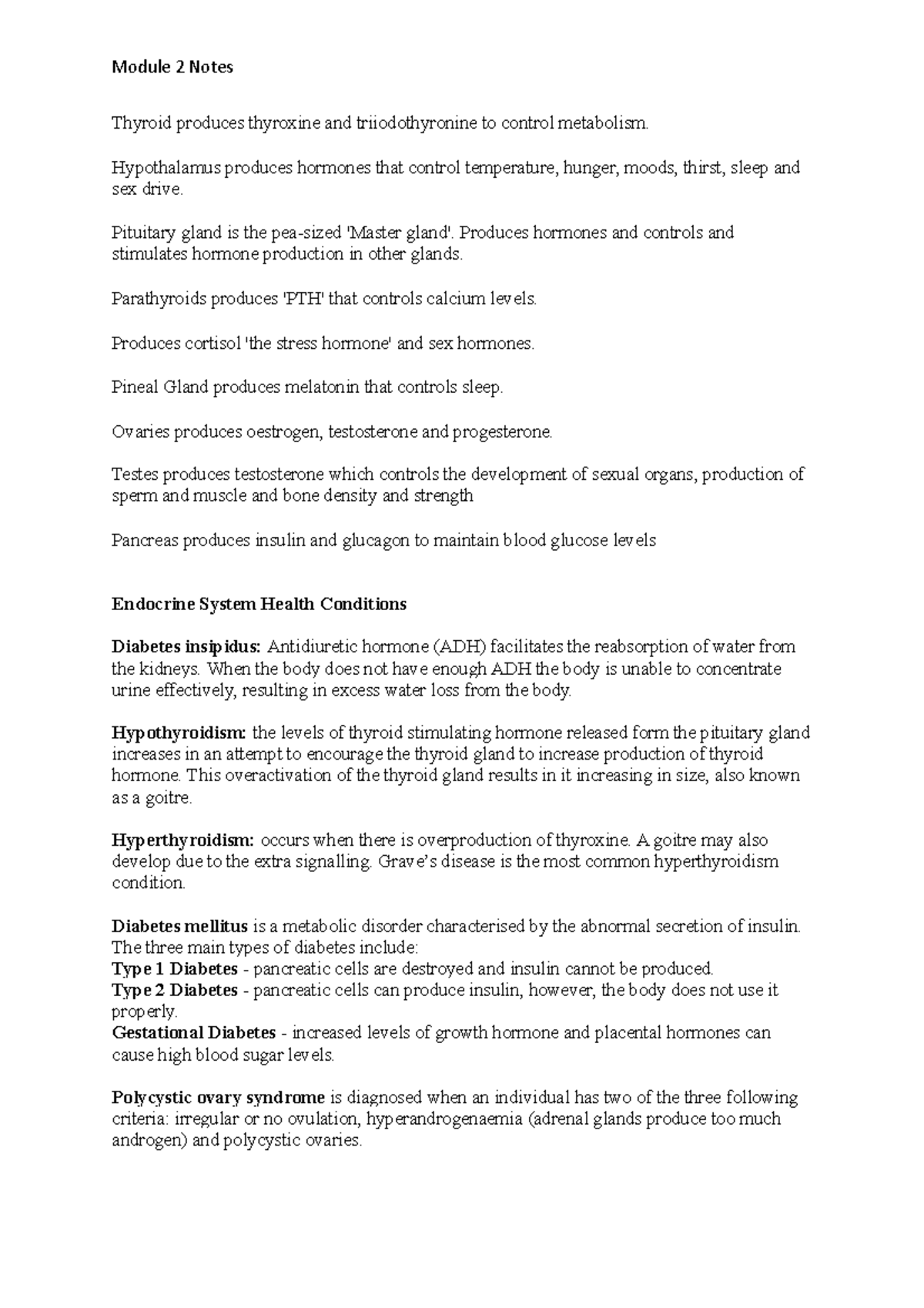 Endocrine System - Module 2 Notes Thyroid produces thyroxine and ...