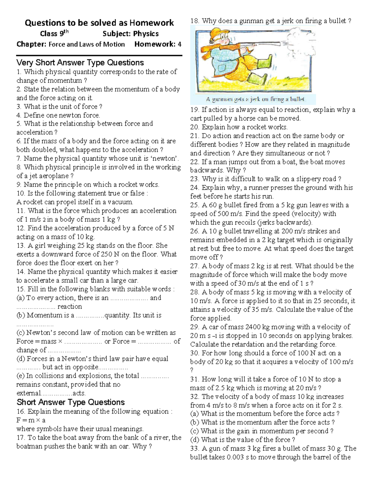 9th-Force & Laws of Motion Homework 4 - Questions to be solved as ...