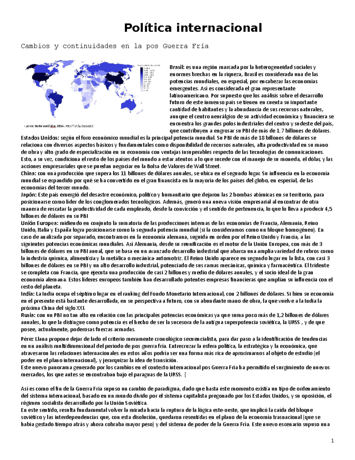 Politica internacional MOD 1 Y 2 - Política internacional Cambios y continuidades en la pos ...