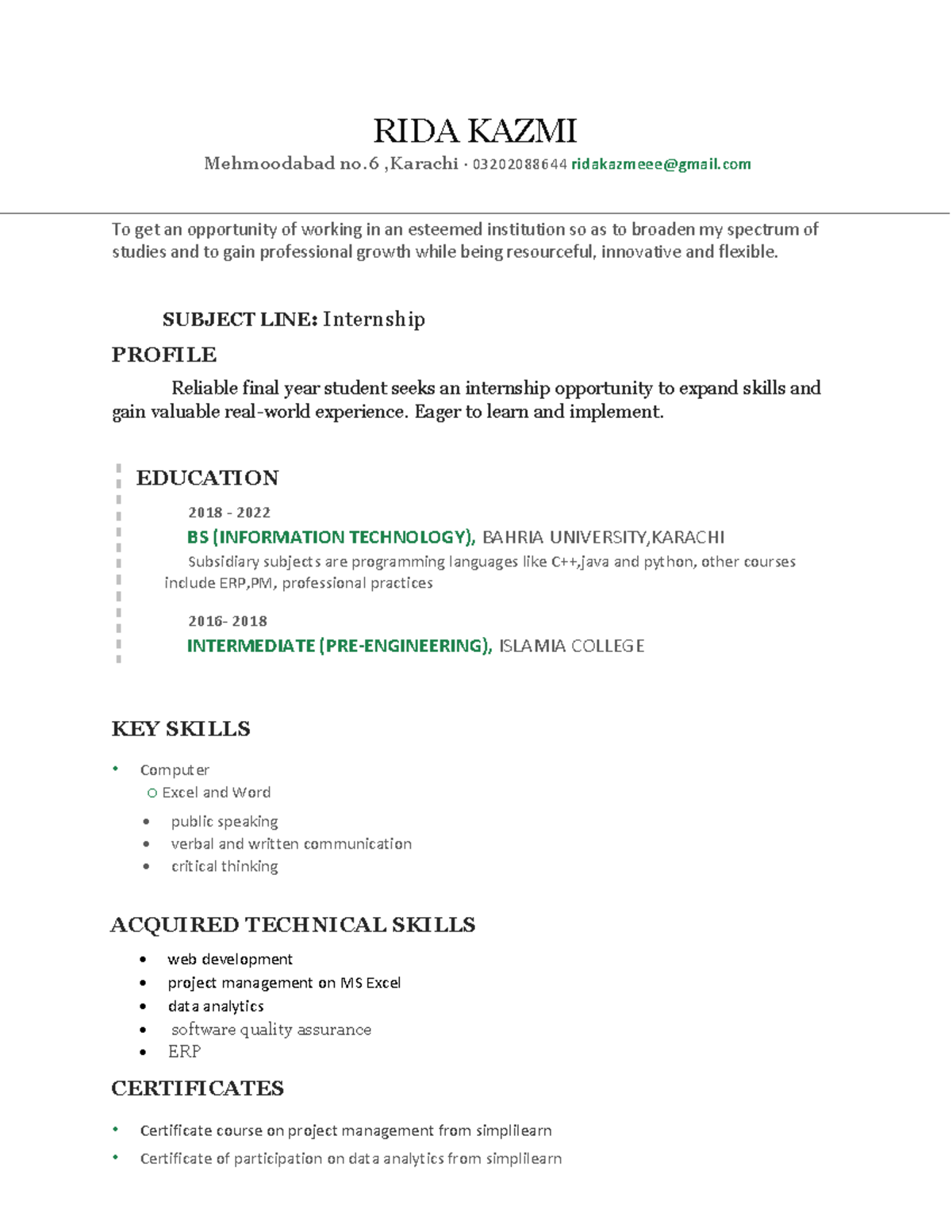 Rida kazmi CVS and get the date - RIDA KAZMI Mehmoodabad no ,Karachi ...