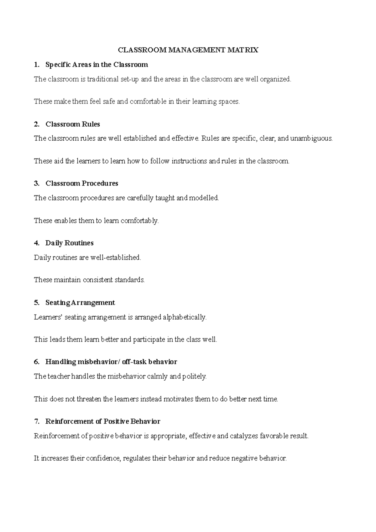 Field Study 1 Episode 5 - CLASSROOM MANAGEMENT MATRIX Specific Areas in ...