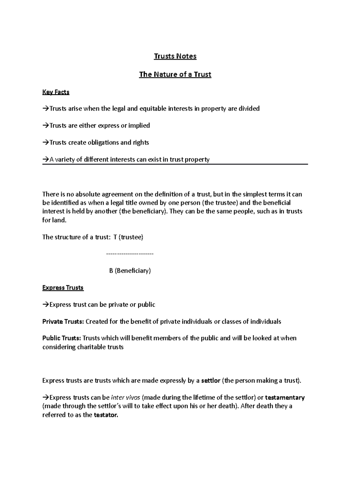 Trusts Notes - Trusts Notes The Nature of a Trust Key Facts Trusts ...