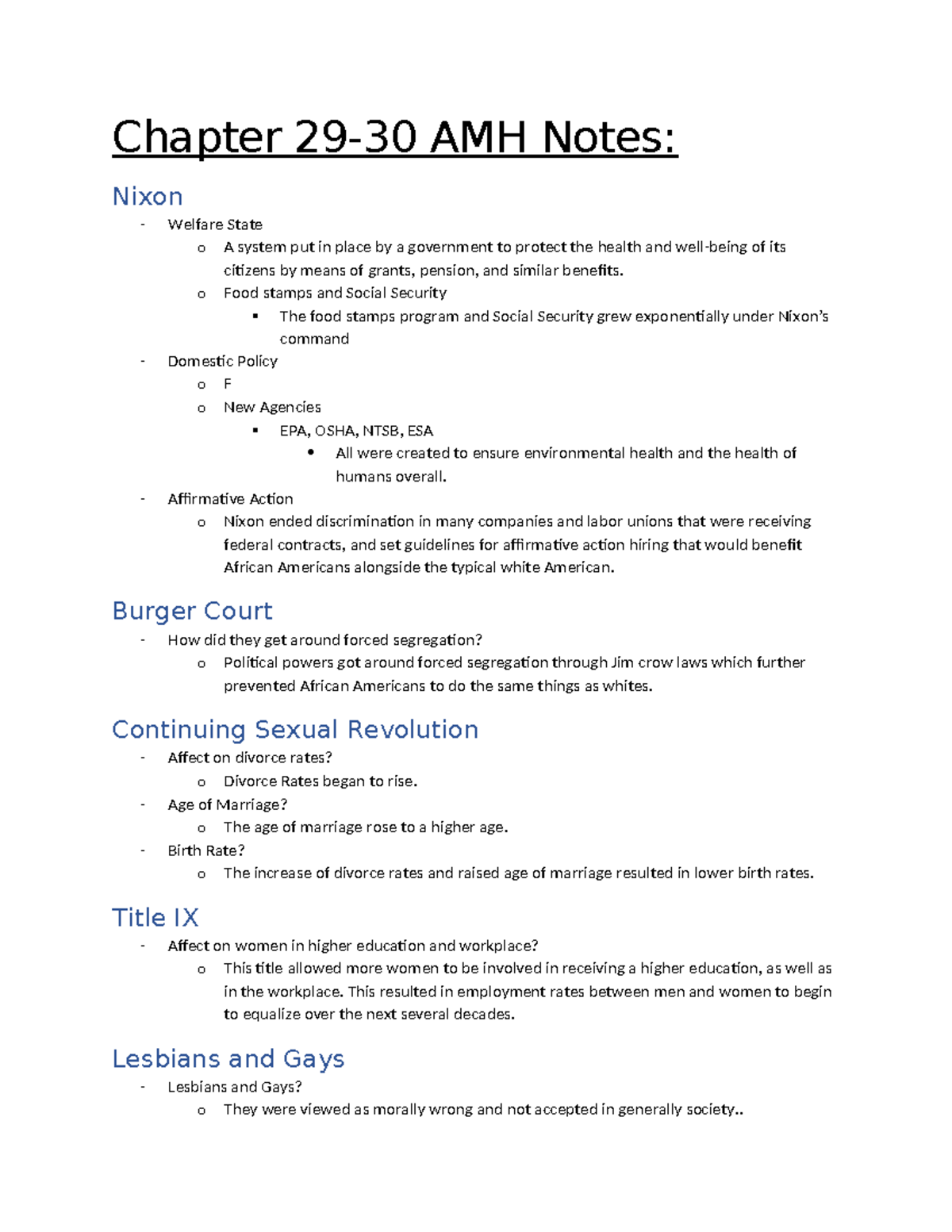 Chapter 29 AMH Notes - Chapter 29-30 AMH Notes: Nixon - Welfare State o ...